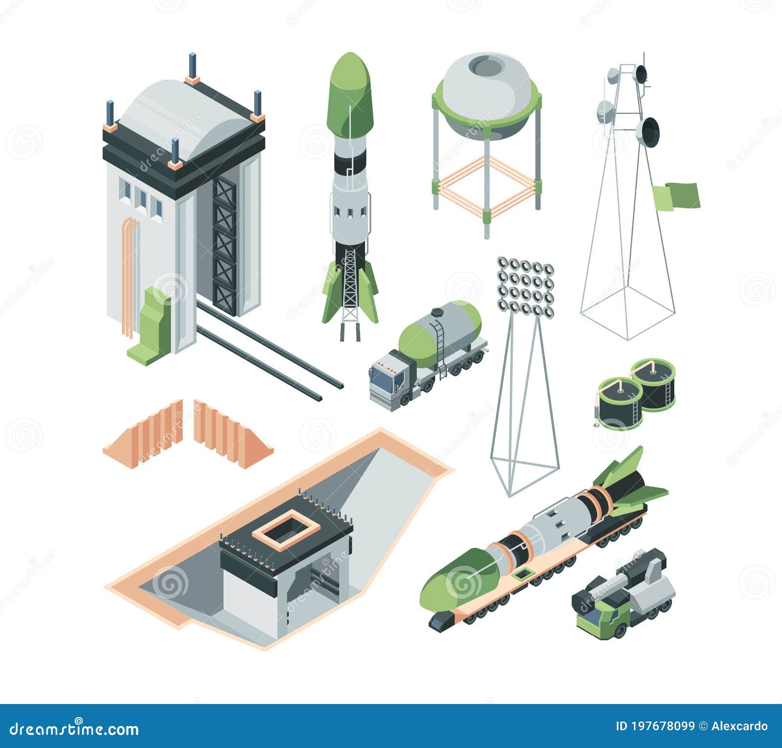 Equipment Cosmodrome Isometric Big Set. Underground Bunker For Flight Managers Tractor ...