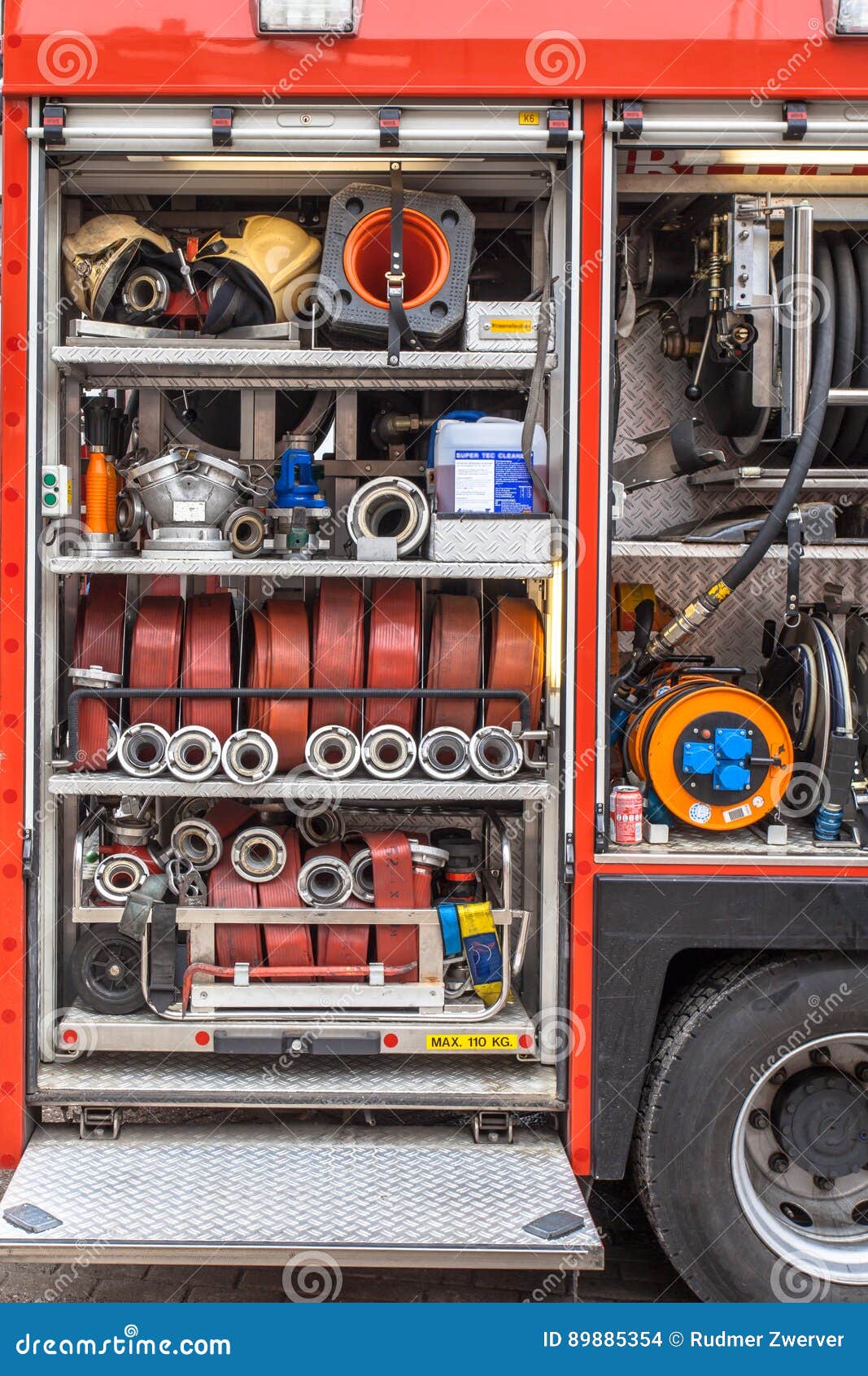 Equipment of a Fire Engine stock photo. Image of hose - 89885354