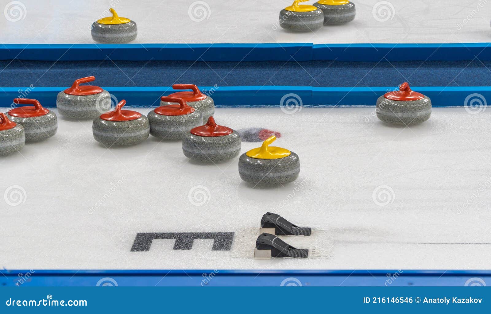 Equipment for the Game of Curling. Selective Focus. Granite Stone and ...