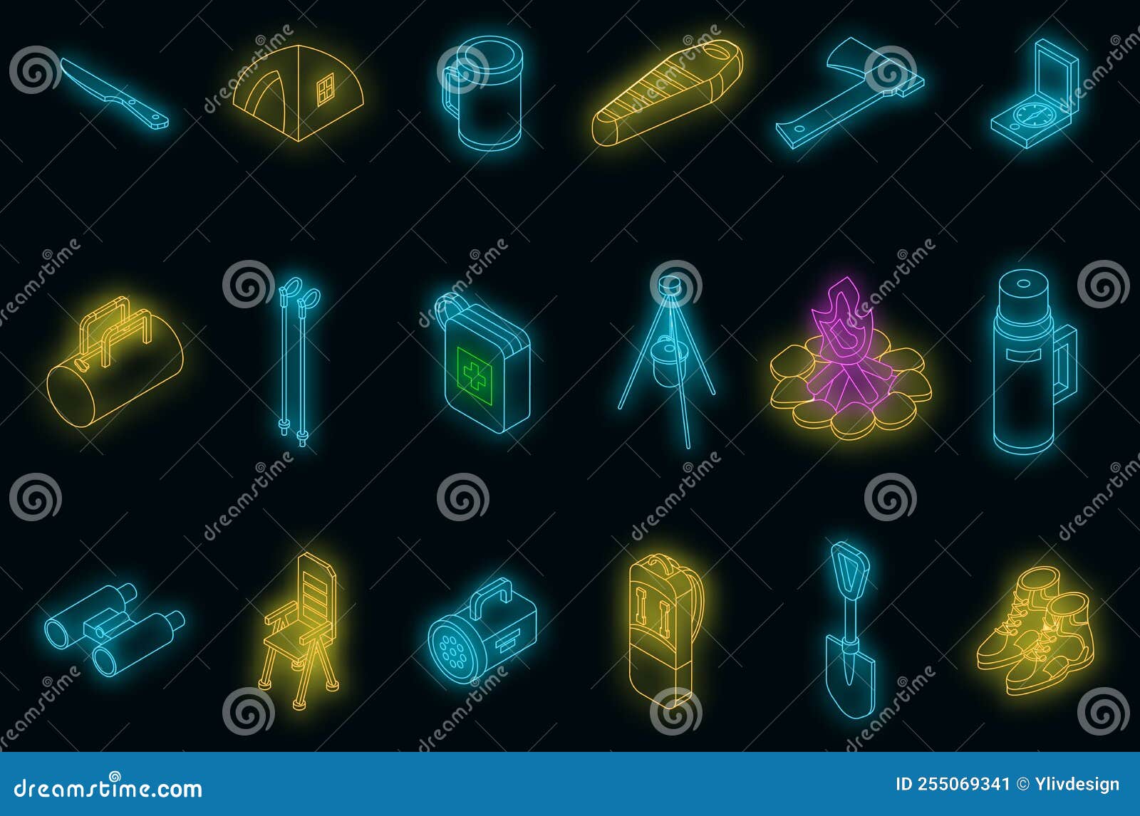 Equipment for Hike Icons Set Vector Neon Stock Vector - Illustration of ...