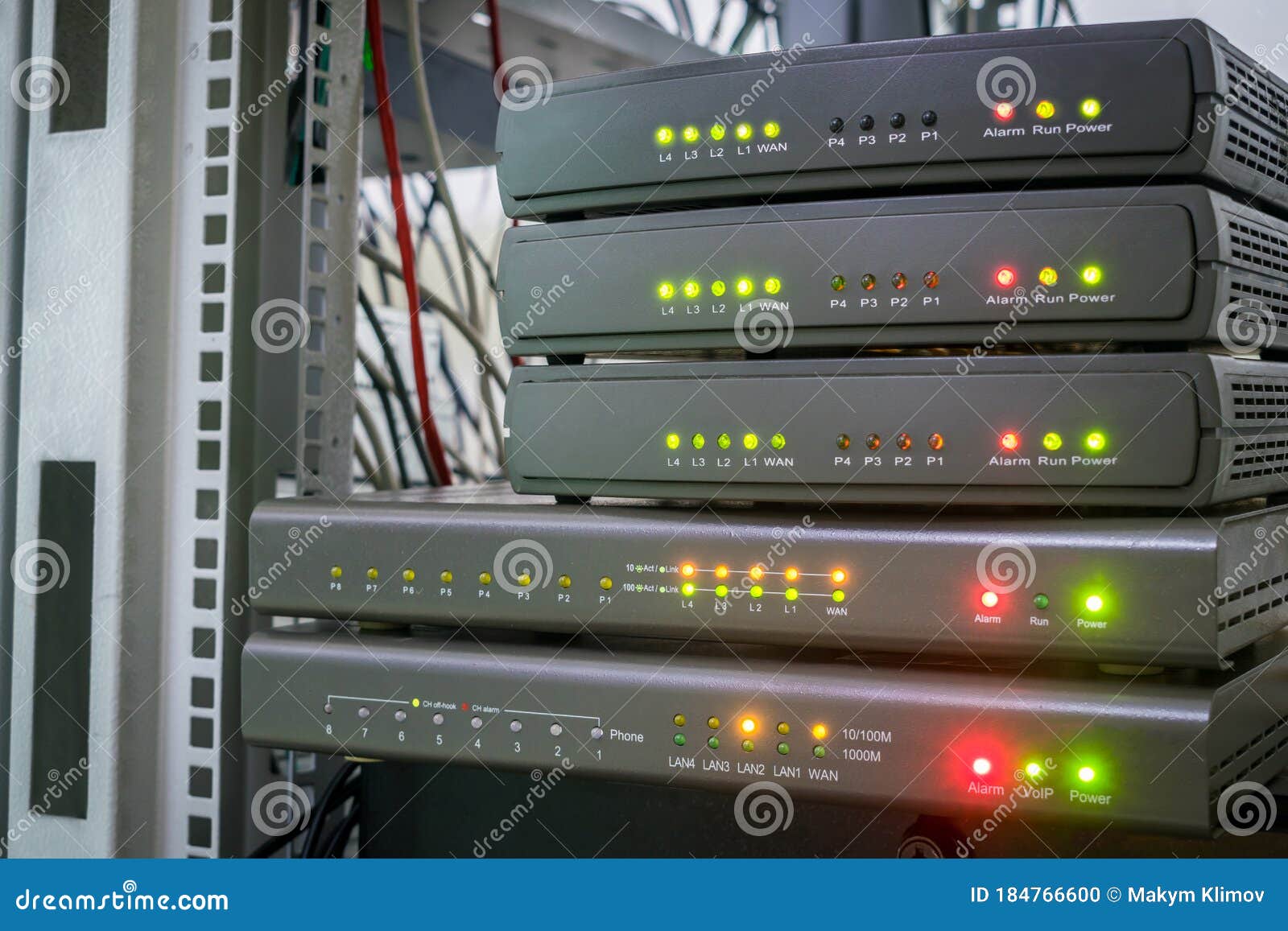 Equipment for Internet Connection Works in Computer Racks. Several ...