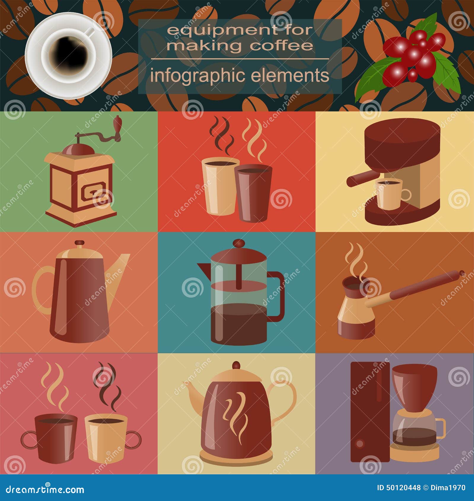 Equipment for Making Coffee, Set Infographics Elements Stock Vector ...