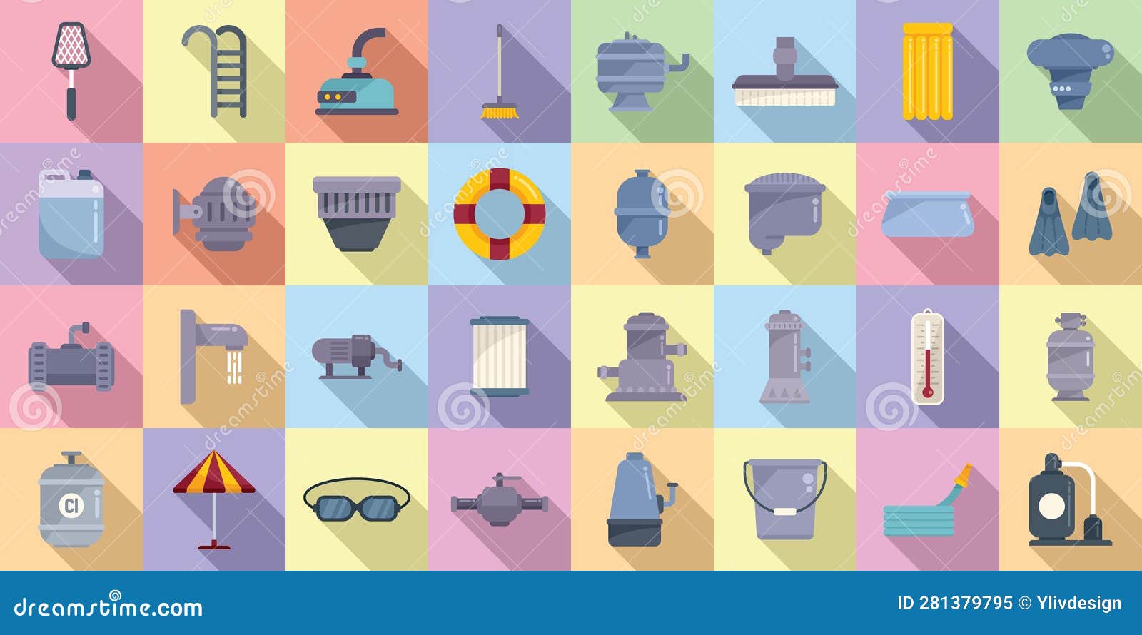 Equipment for Pool Icons Set Flat Vector. Clean Skimmer Stock Vector - Illustration of skimmer ...