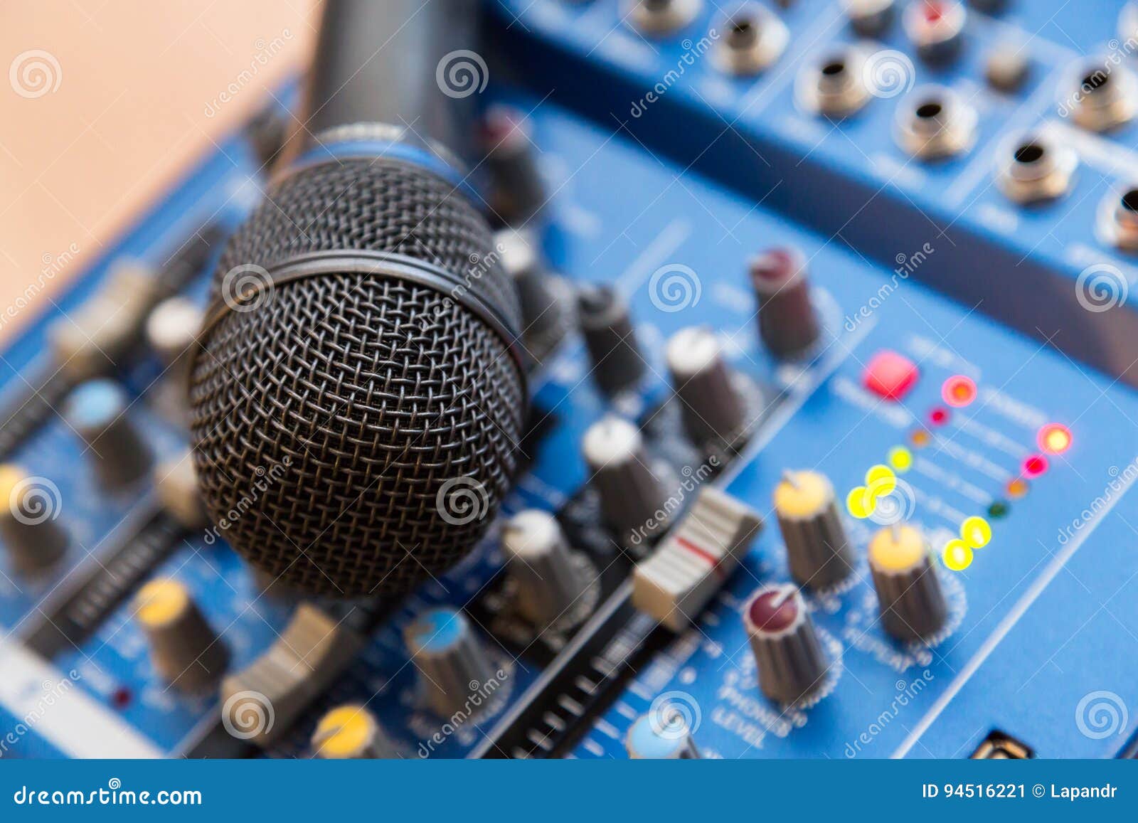 The Equipment for Recording. Microphone Lying on Sound Mixing Board ...