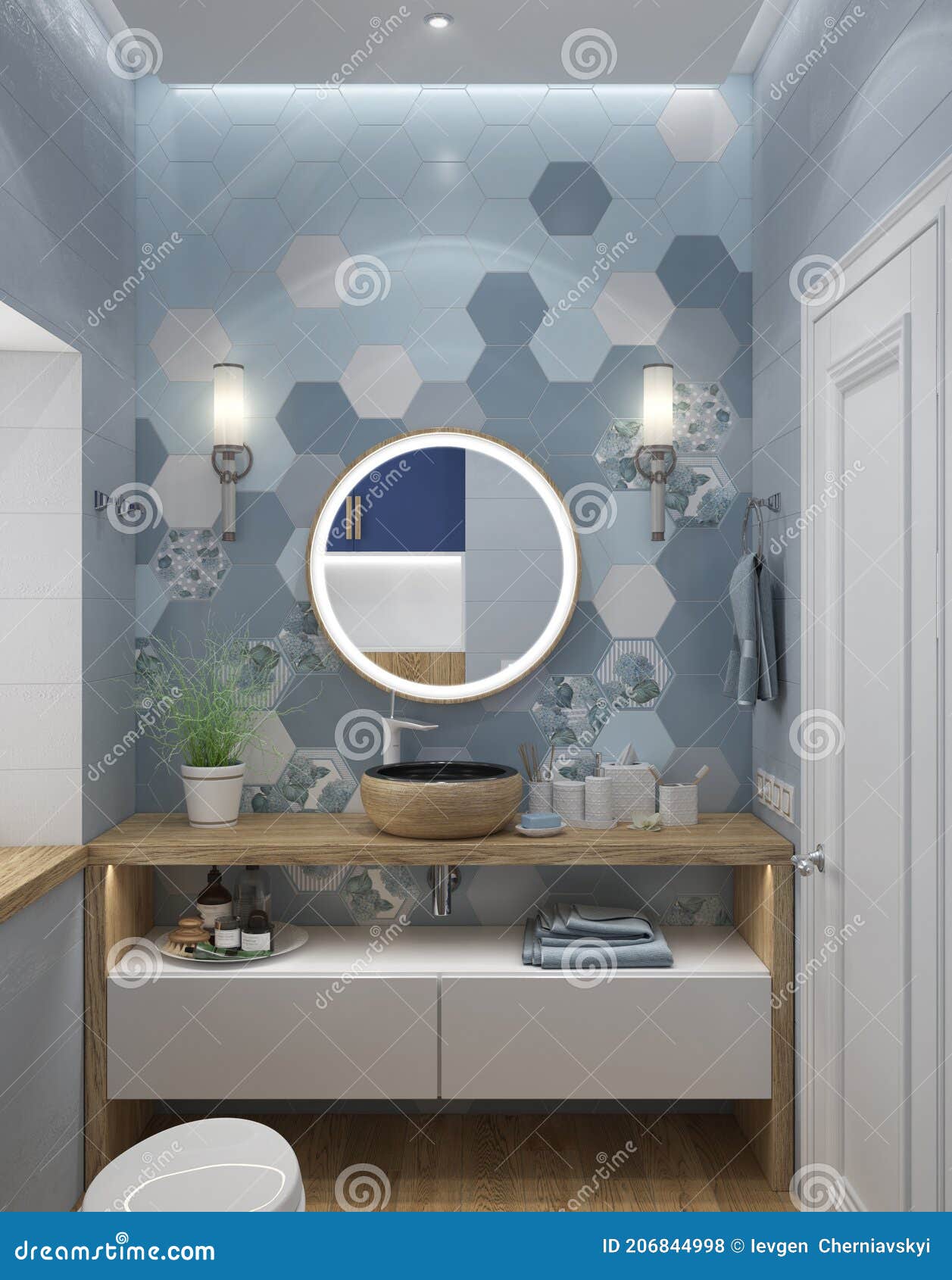 Equipped Guest Restroom Design, 3D Rendering Stock Illustration ...