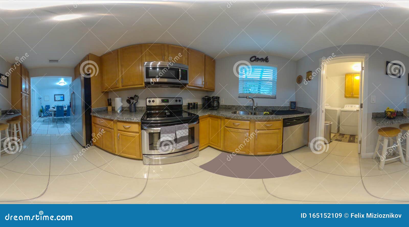 360 Equirectangular Photo of a Kitchen with View of Laundry and Dining ...