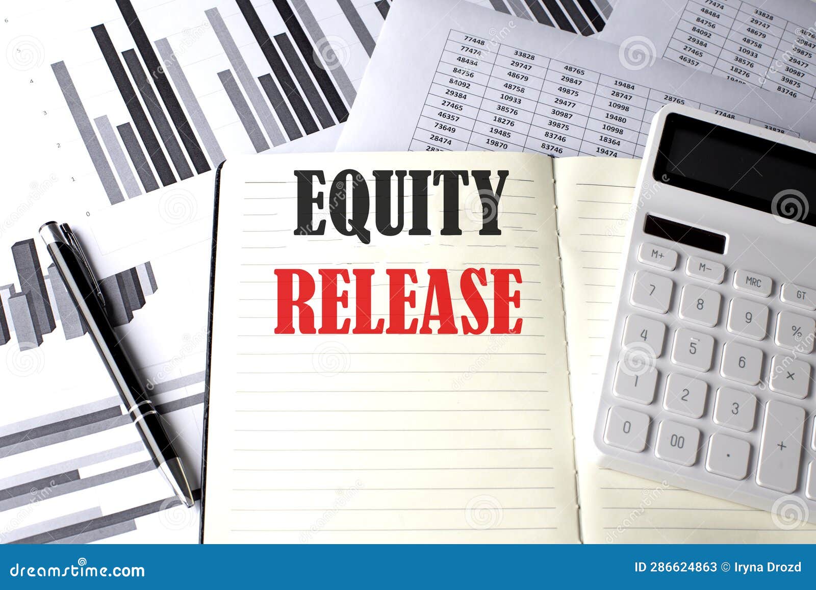 EQUITY RELEASE Text Written on a Notebook on Chart and Diagram Stock ...