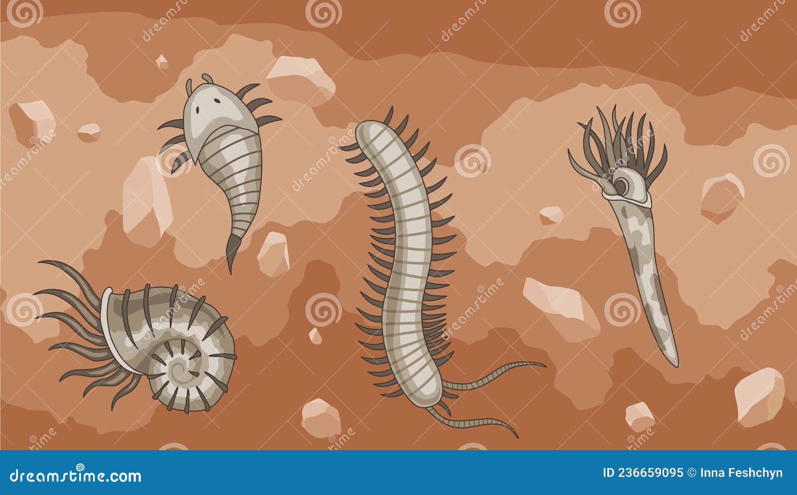 Era of Earth History. Scene with Various Simplest Animals in Soil Layer ...