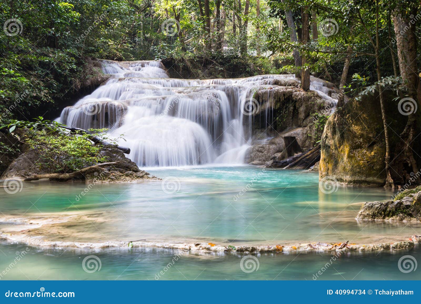 Erawan Water-fall in Thailand Stock Photo - Image of cascade, flowing ...