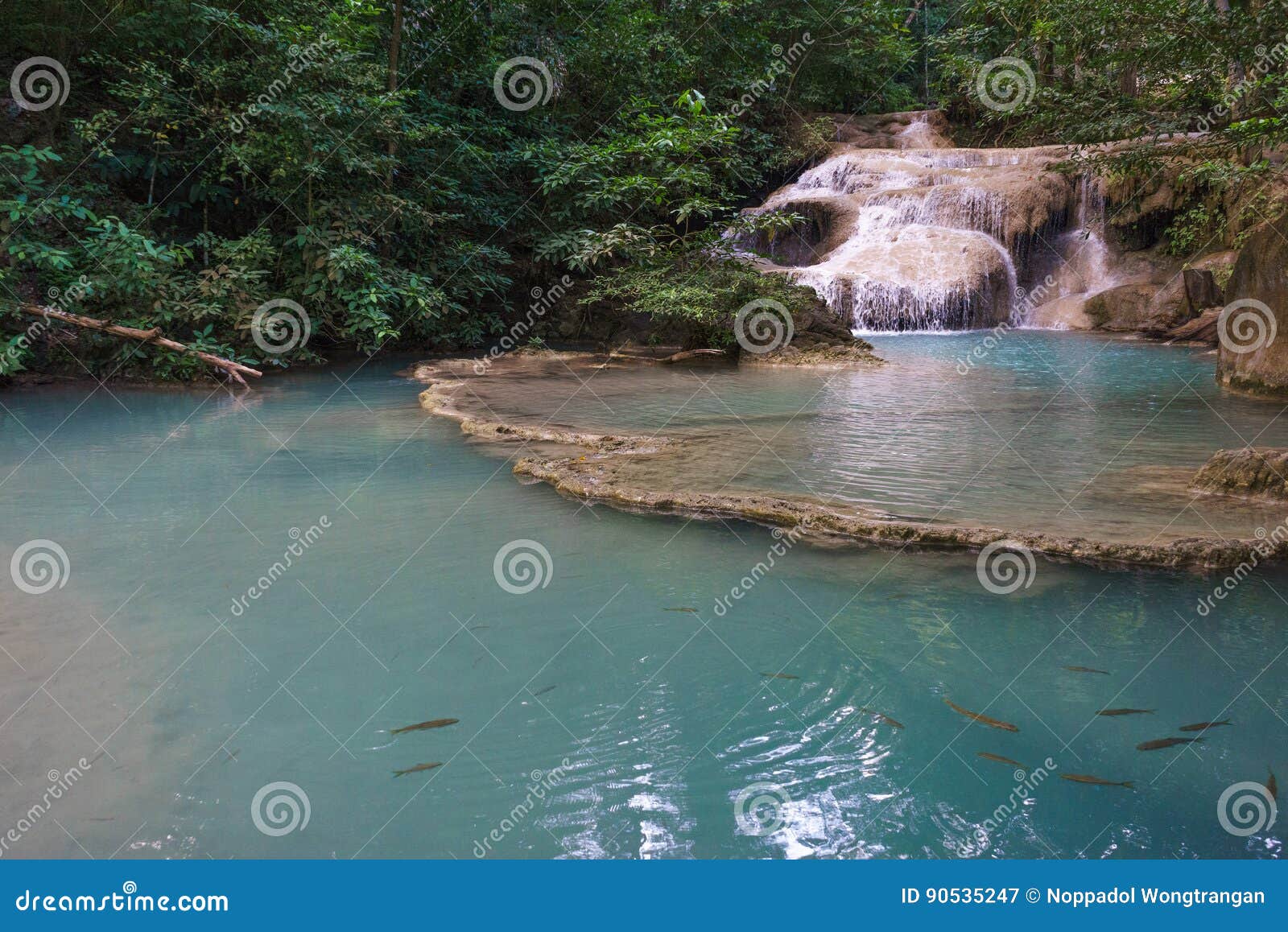Waterfalls And Fish Swim In The Emerald Blue Water In Erawan National ...
