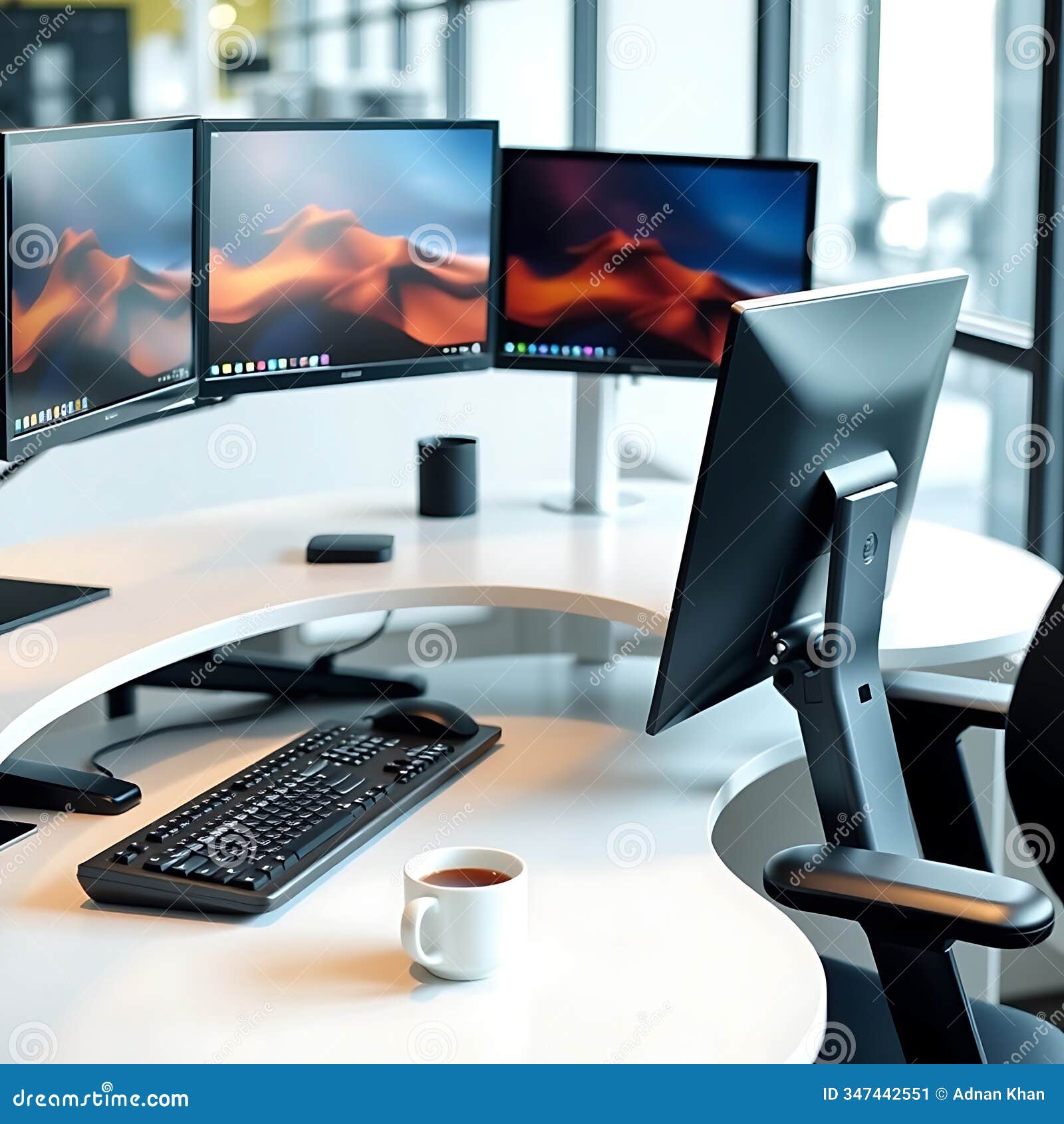 An Ergonomic Adjustable Desk with Multiple Monitors Keyboard and a Cup ...