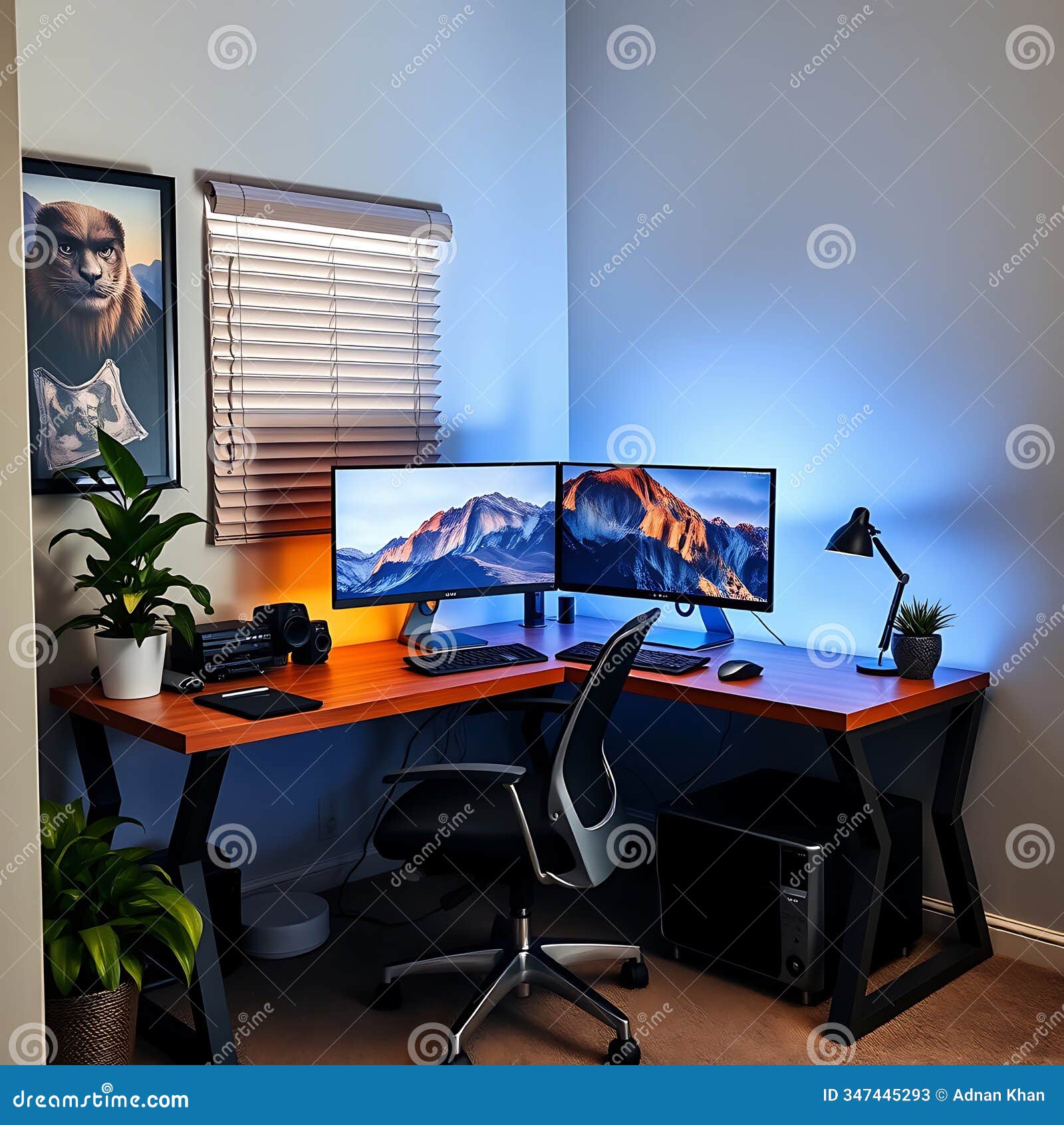 Ergonomic Corner Desk Setup in a Bright Airy Office Space Stock ...