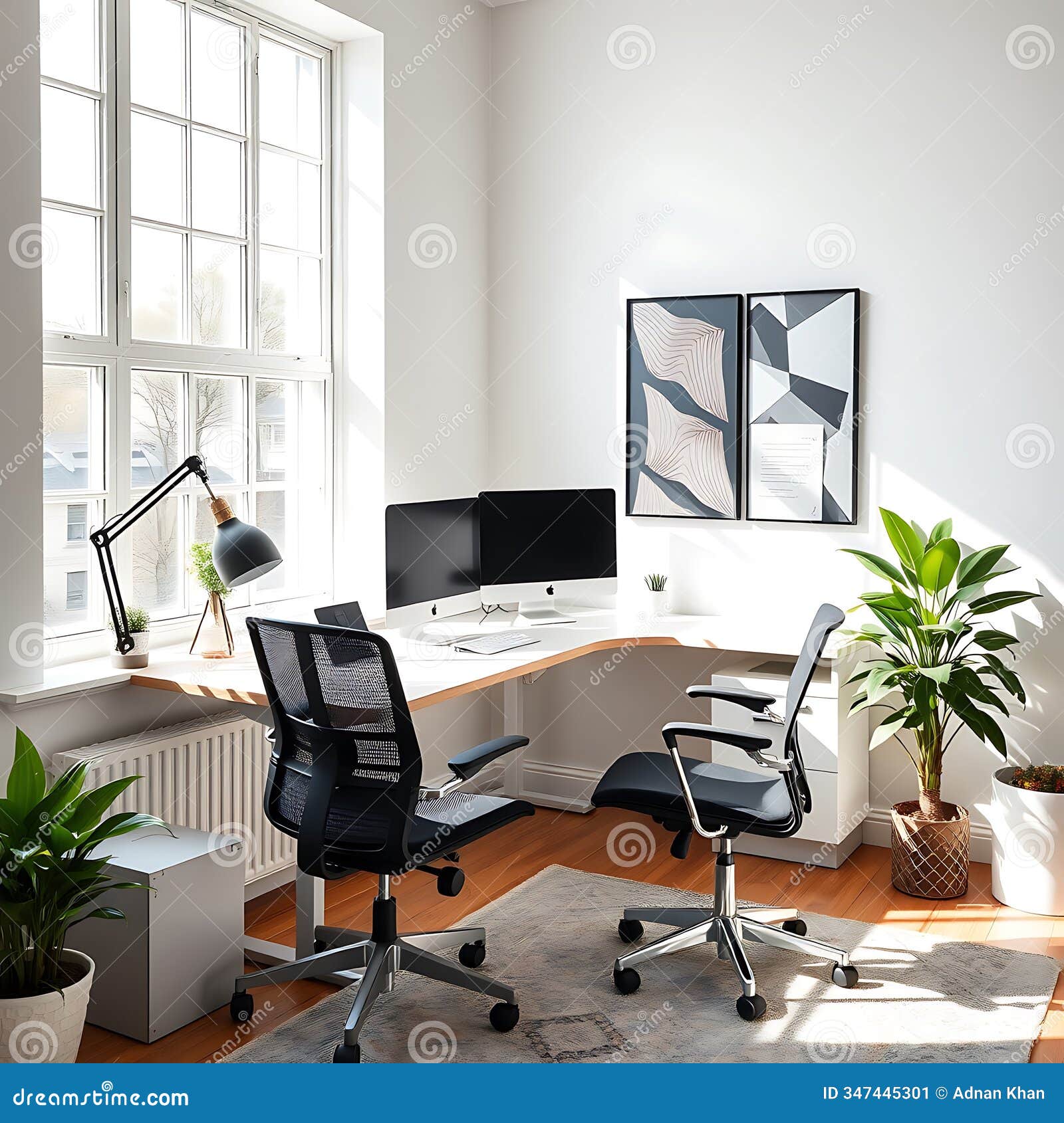 Ergonomic Corner Desk Setup in a Bright Airy Office Space Stock ...