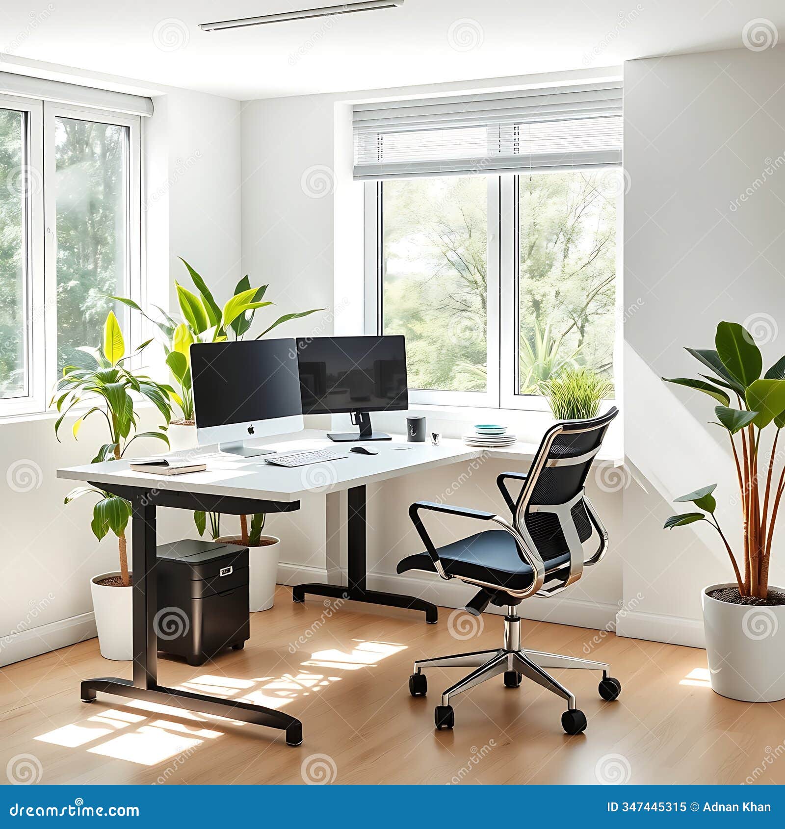 Ergonomic Corner Desk Setup in a Bright Airy Office Space Stock ...