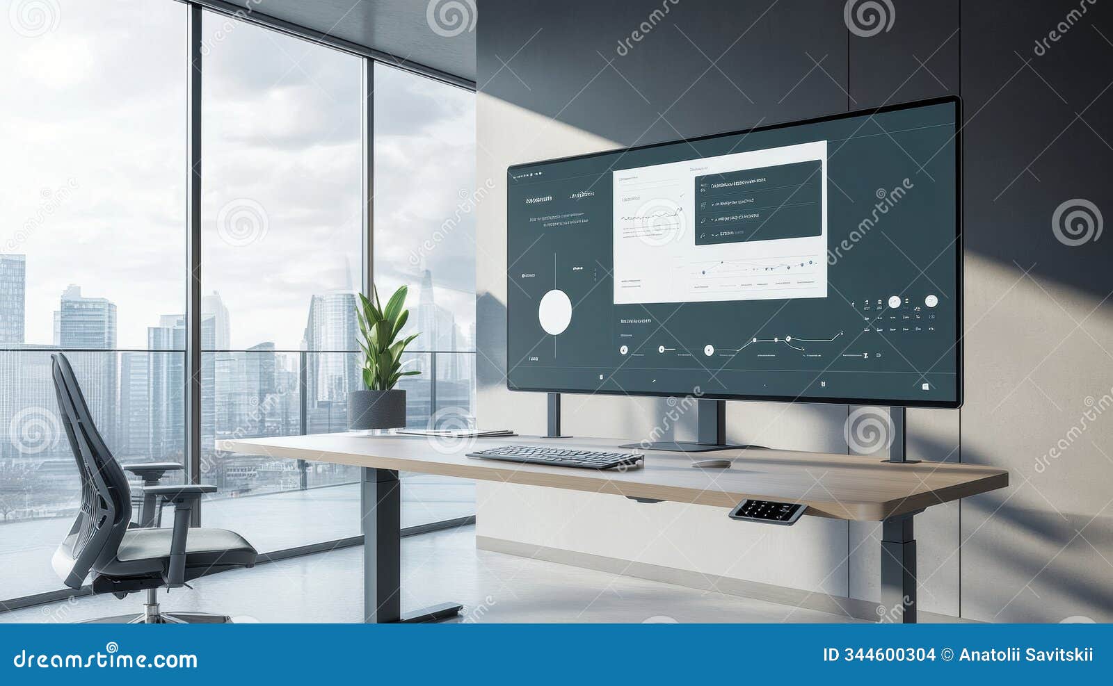 An Ergonomic Office Setup Featuring an Adjustable Desk, Large Display ...