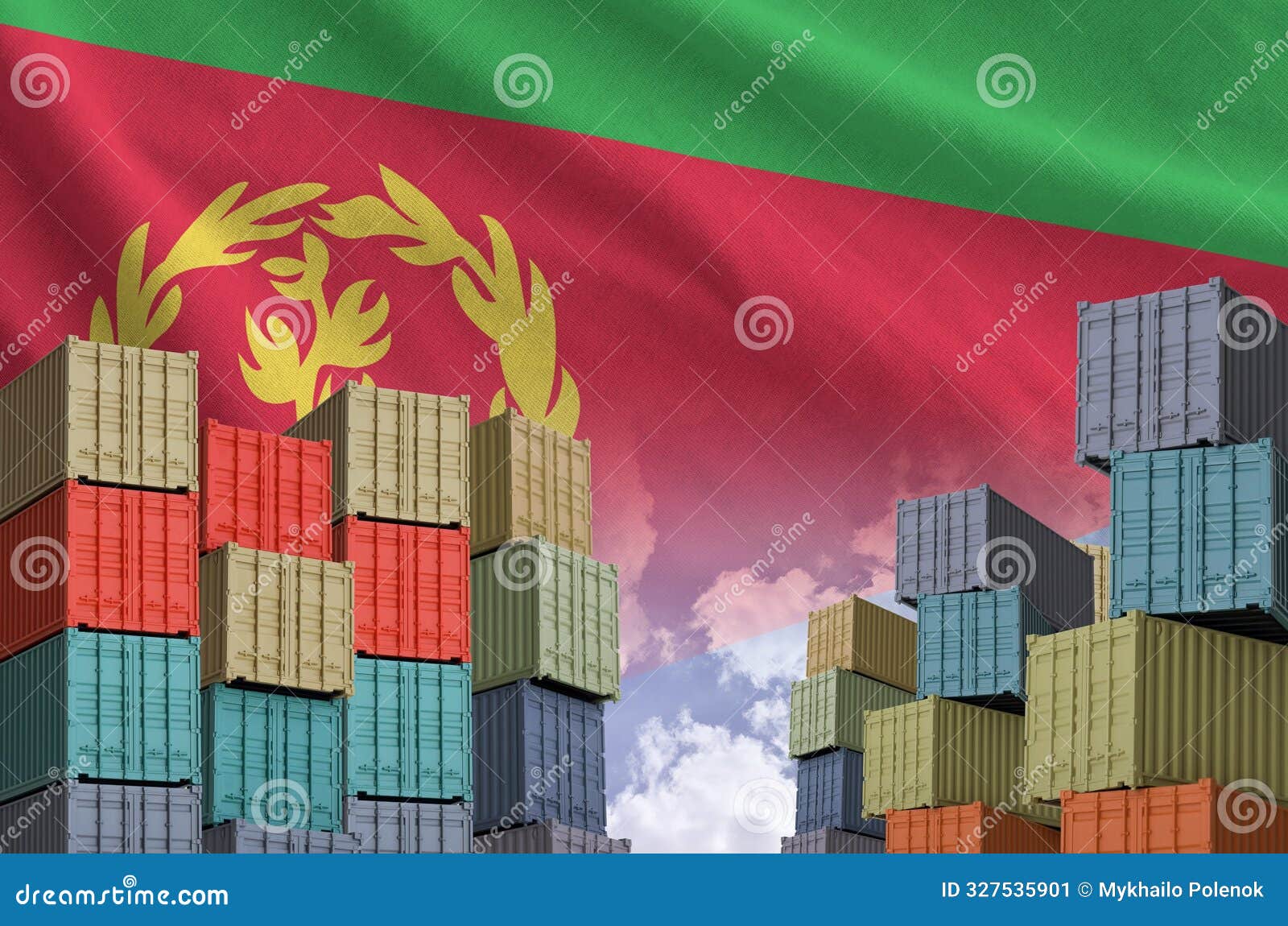 Eritrea Flag and Big Stack of Shipping Cargo Containers in Docks with ...