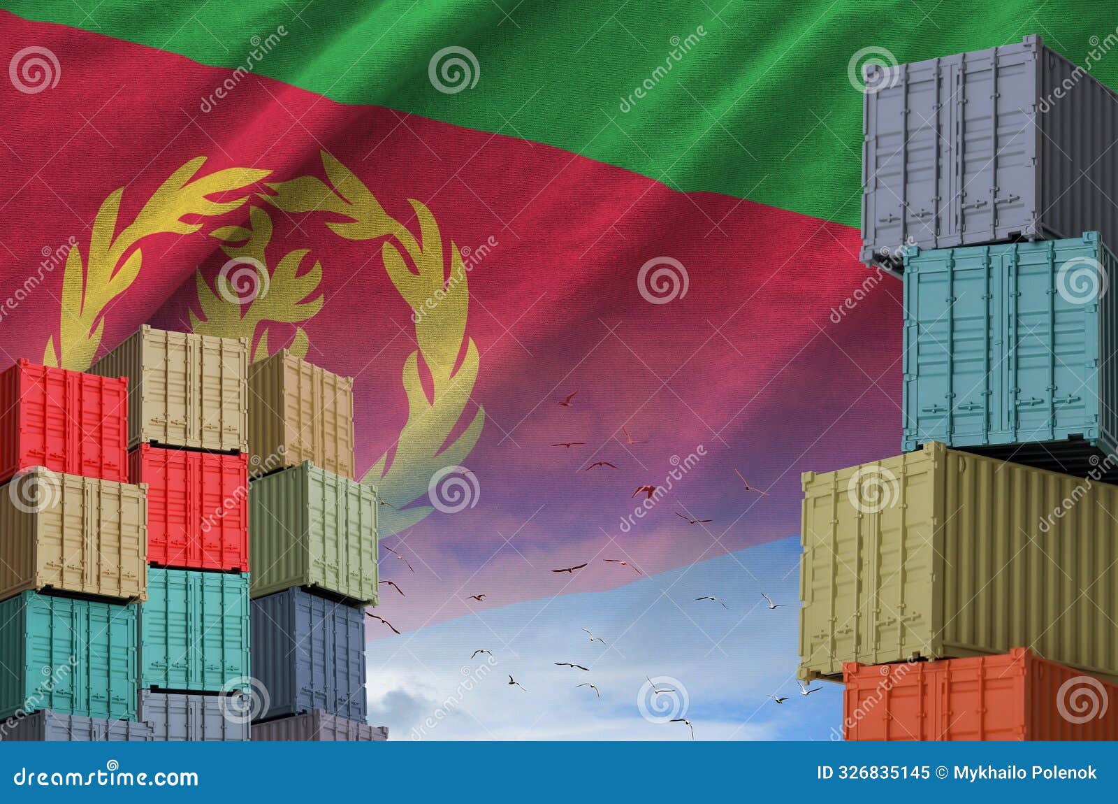 Eritrea Flag And Big Stack Of Shipping Cargo Containers In Docks With ...