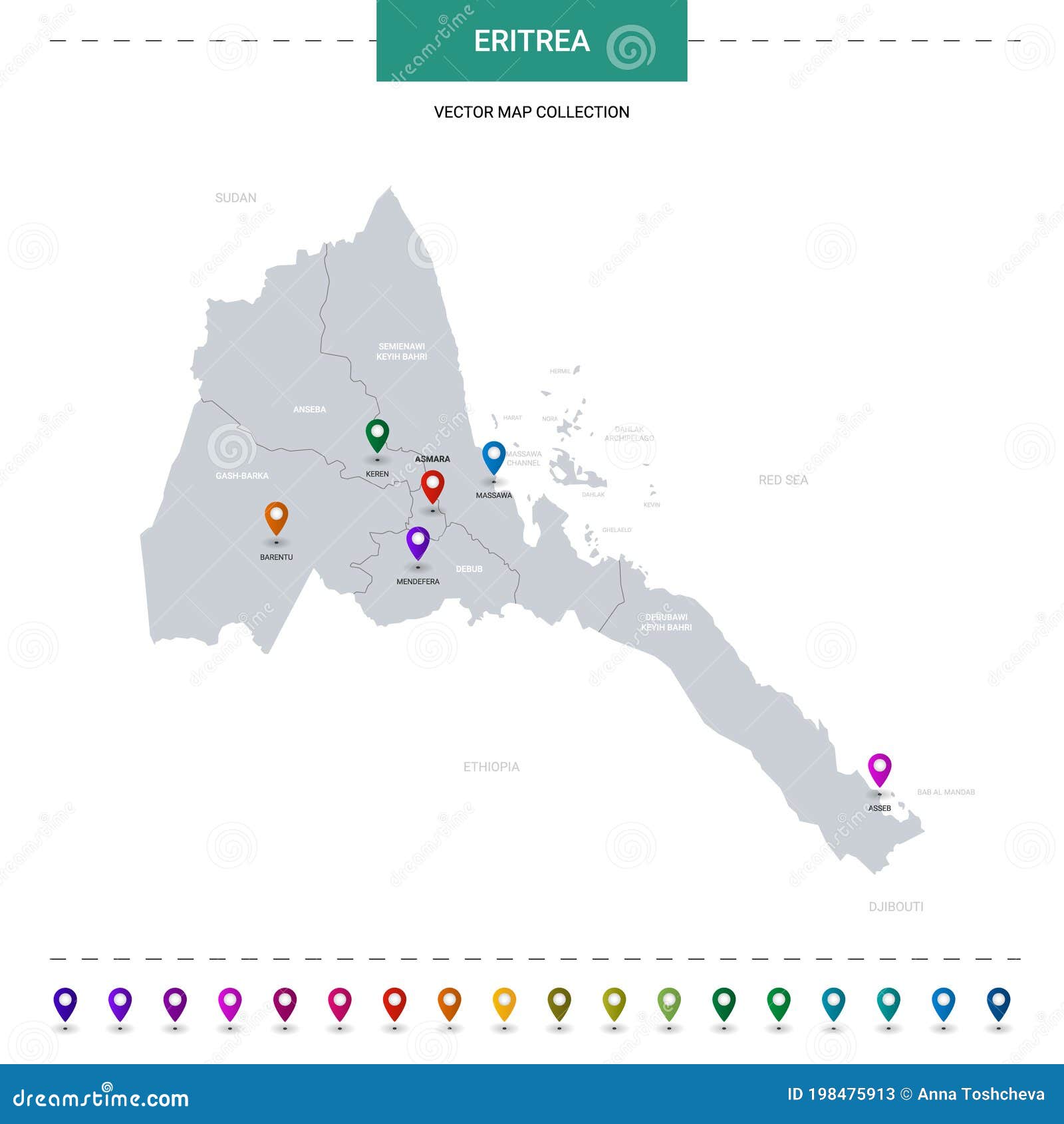 Eritrea Map with Location Pointer Marks. Stock Vector - Illustration of ...