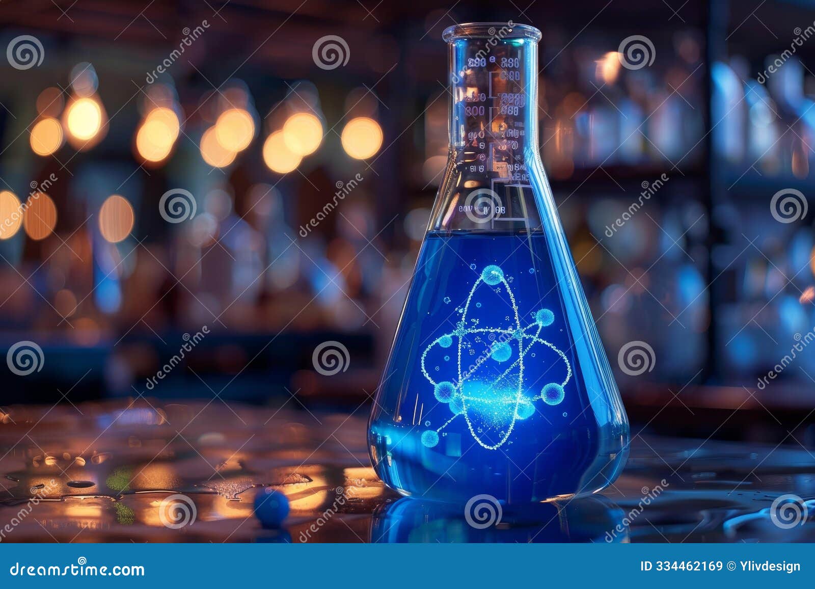 Erlenmeyer Flask Containing Blue Liquid and Glowing Atom Symbol in ...