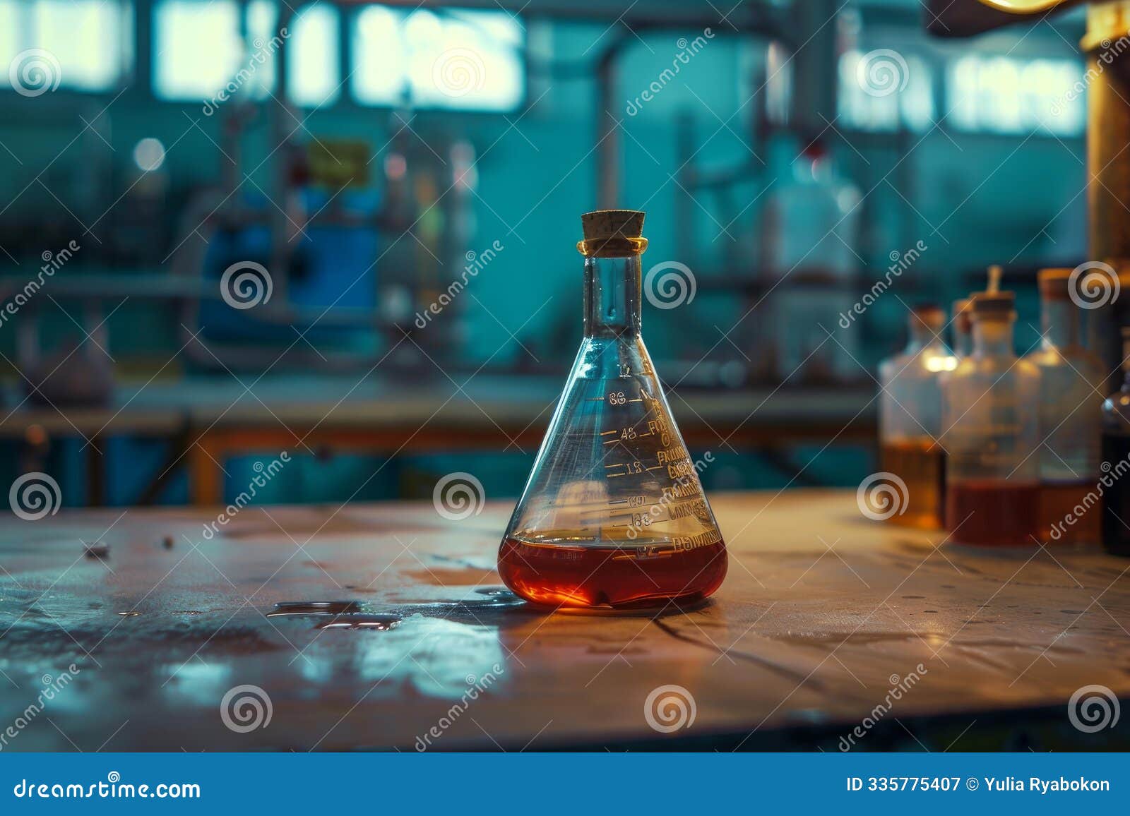 Orange Chemical Solution In Science Beaker And Glass Test Tube In Metal ...