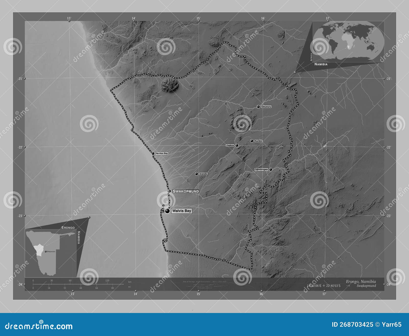 Erongo, Namibia. Grayscale. Labelled Points of Cities Stock ...