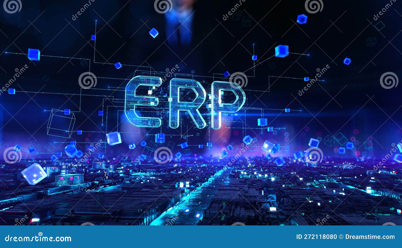 ERP - Businessman Working and Touching Virtual Reality at Night Office ...
