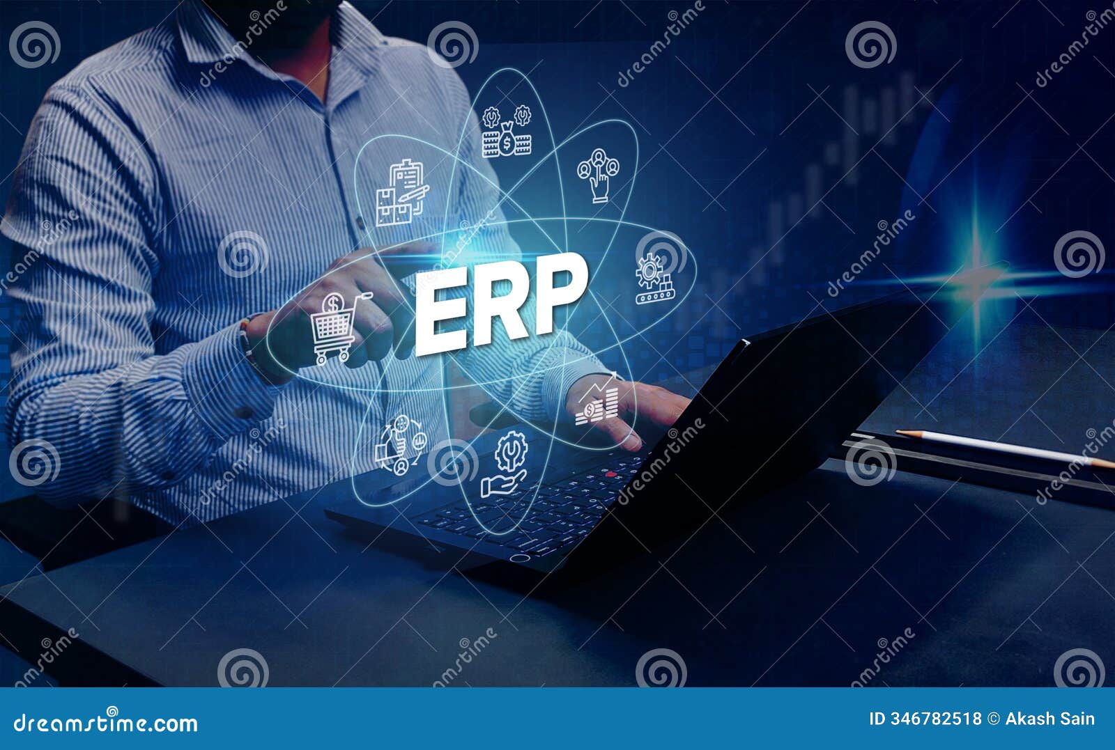 Businessman Analyzes ERP Cloud Software on a Virtual Screen Using His ...
