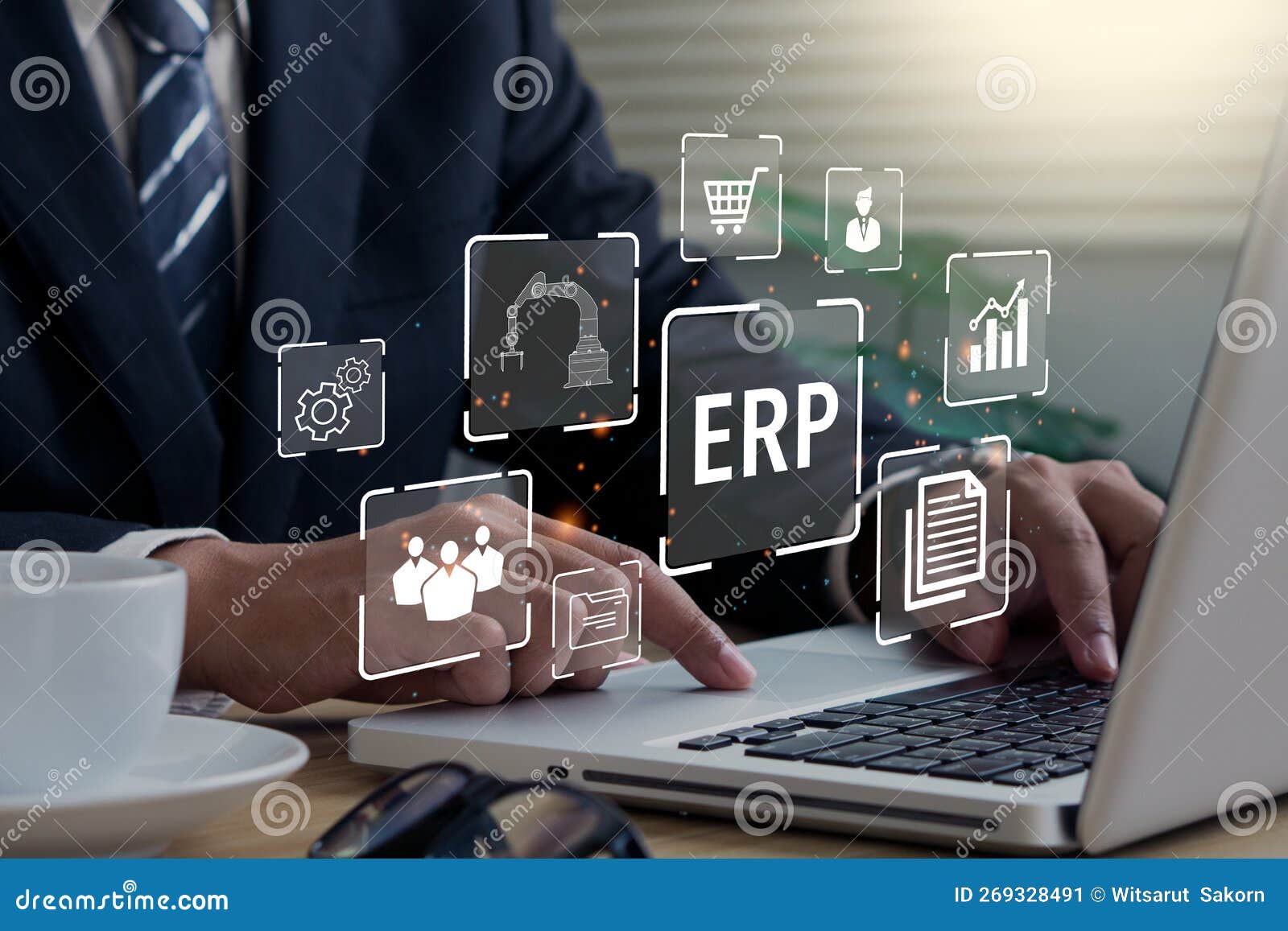 ERP,Enterprise Resource Planning.Businessman Using a Computer To ...