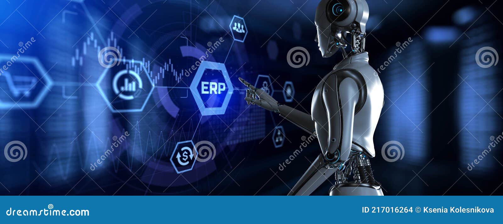 ERP Enterprise Resources Planning. Robot Pressing Button on Screen 3d ...