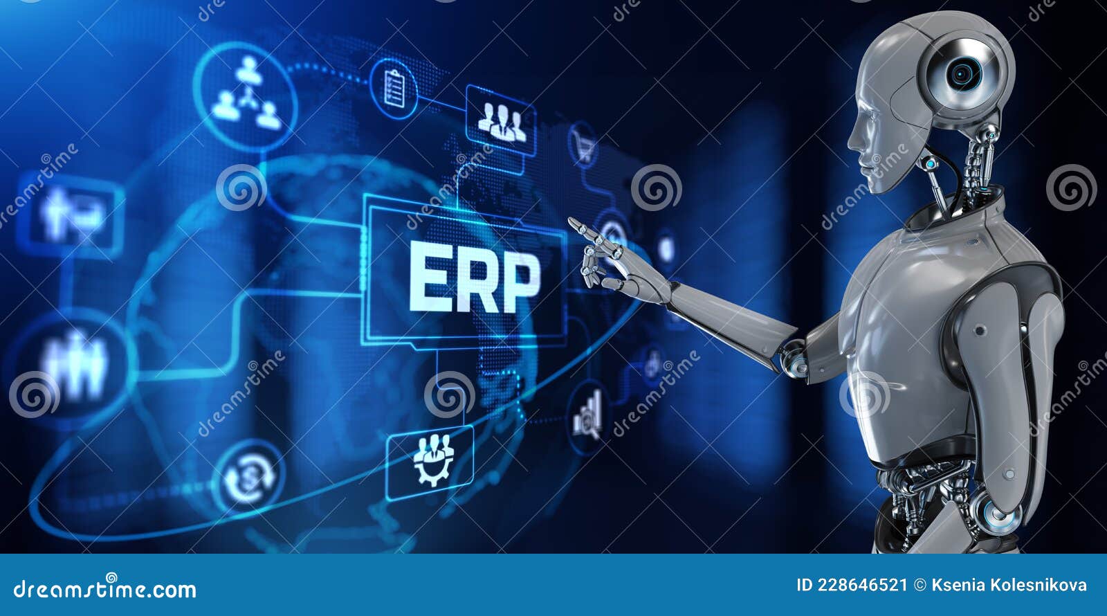 ERP Enterprise Resources Planning. Robot Pressing Button on Screen 3d ...