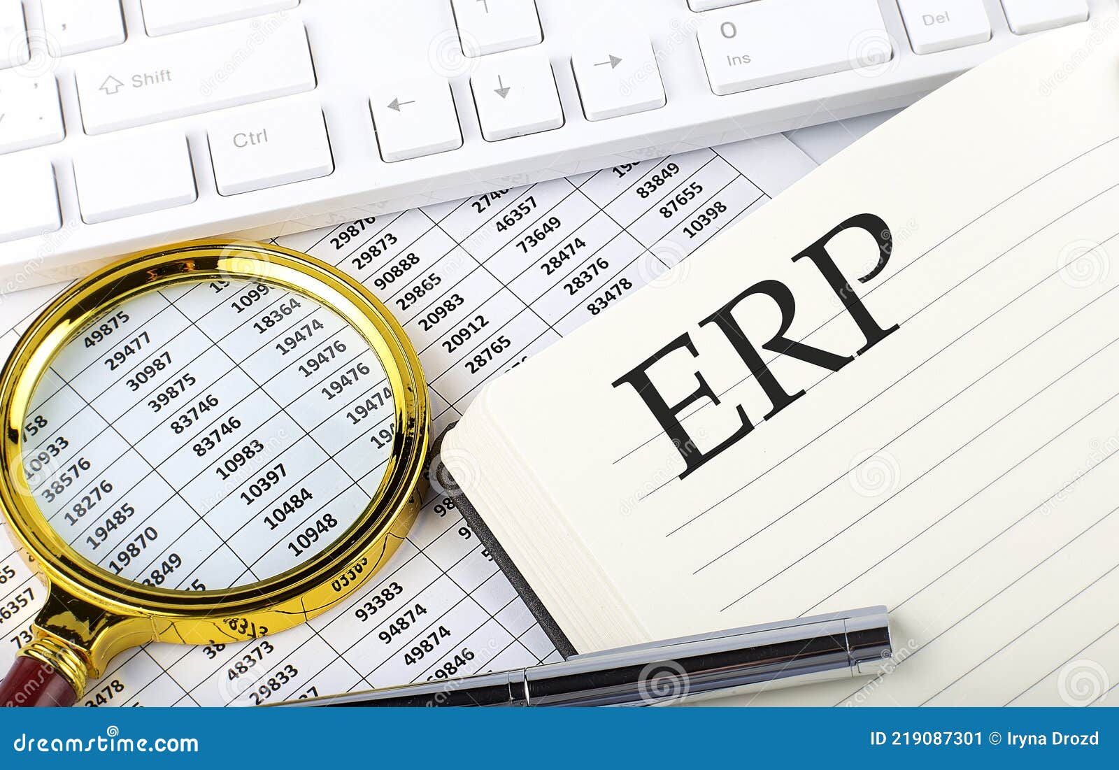 ERP Text on Notebook with Chart, Magnifier,keyboard and Pen Stock Image ...