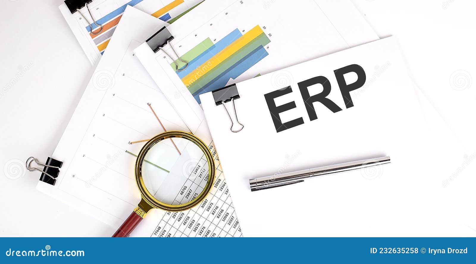 ERP Text on White Paper on the Light Background with Charts Paper Stock ...