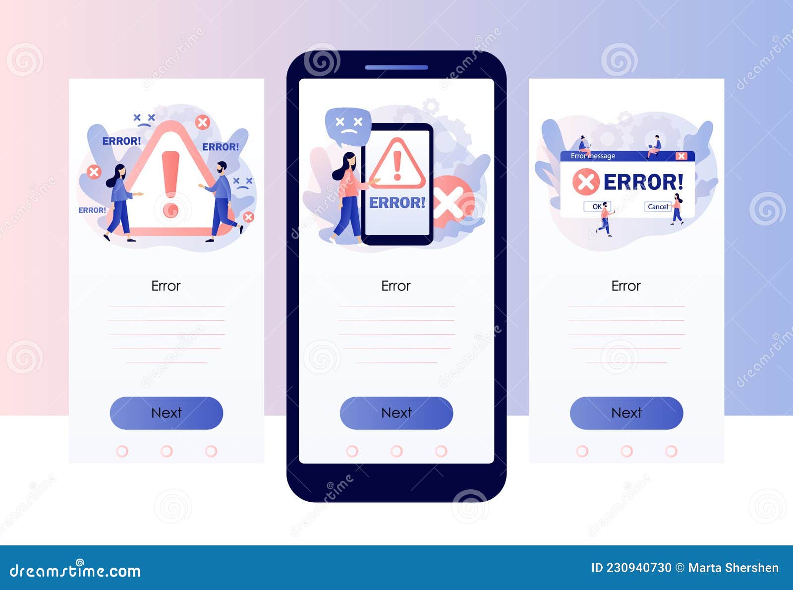 Error Message. Tiny People Examining Operating System Error Warning Window on Smartphone and ...