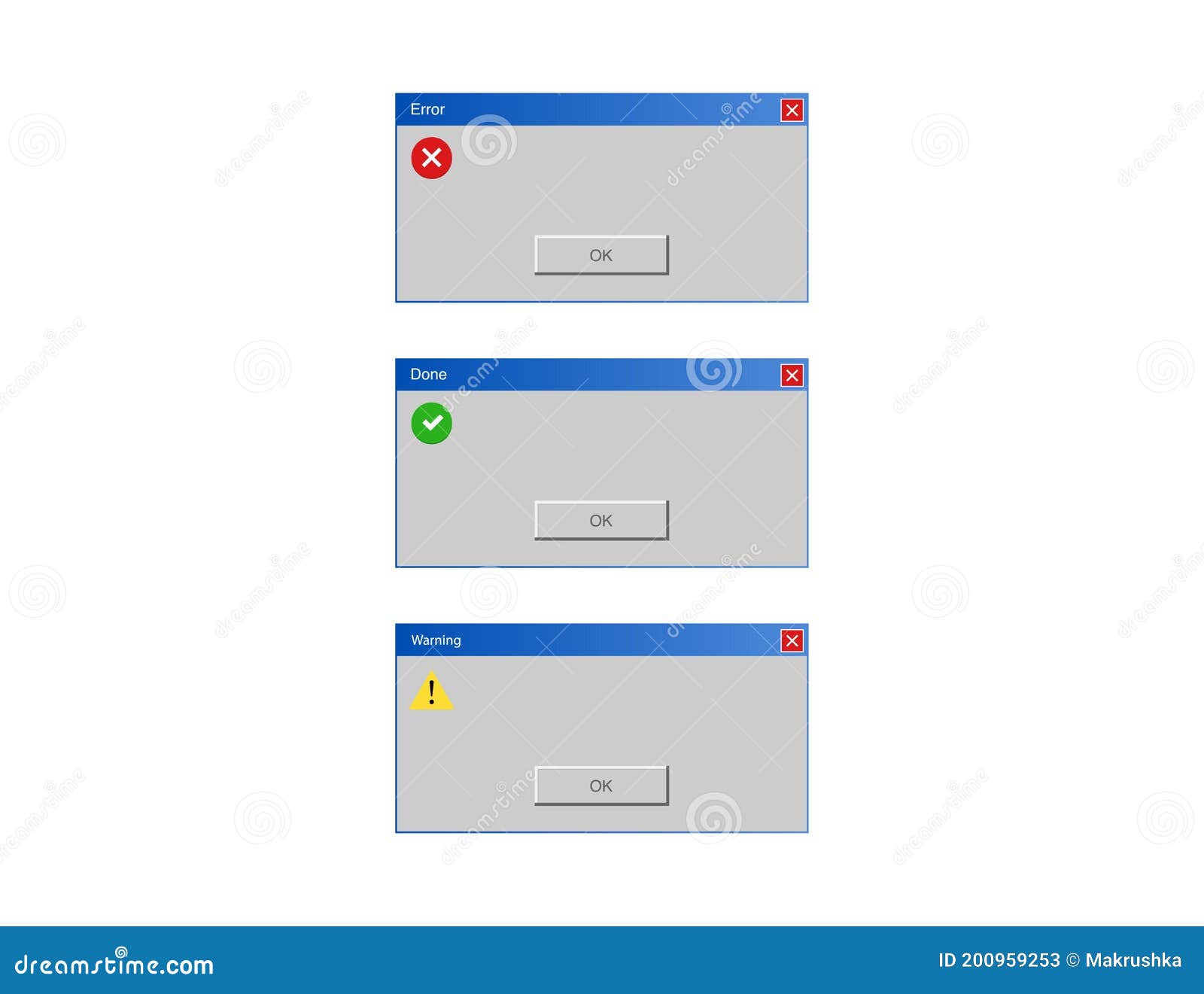 Error, Warning and Done Message. Alert Window on Computer in Old Style ...