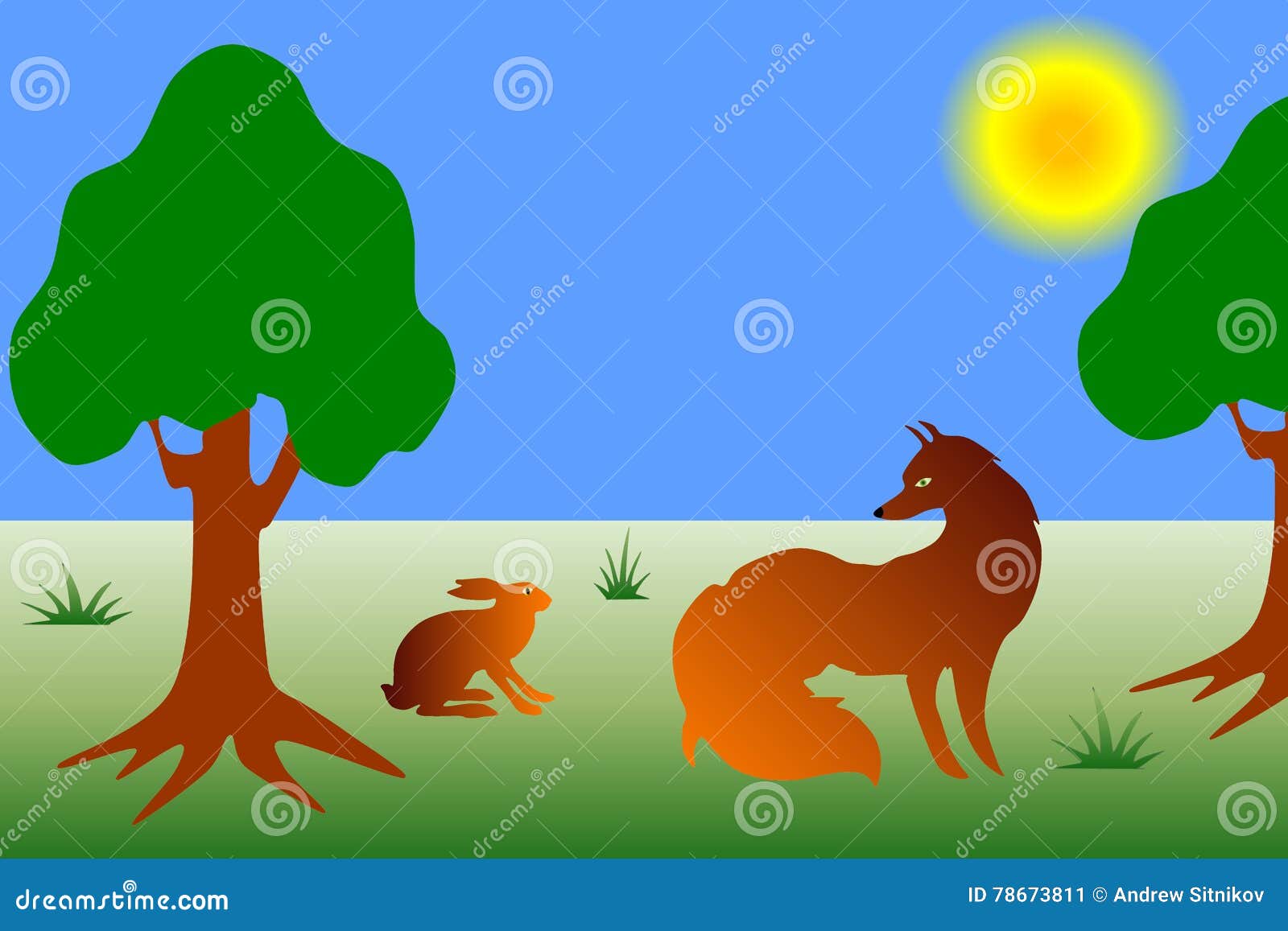 Erschrockene Hasen Und Ein Schlauer Alter Fuchs Stock Abbildung ...