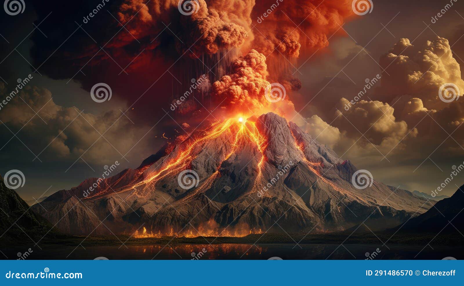 An erupting volcano stock photo. Image of energy, night - 291486570
