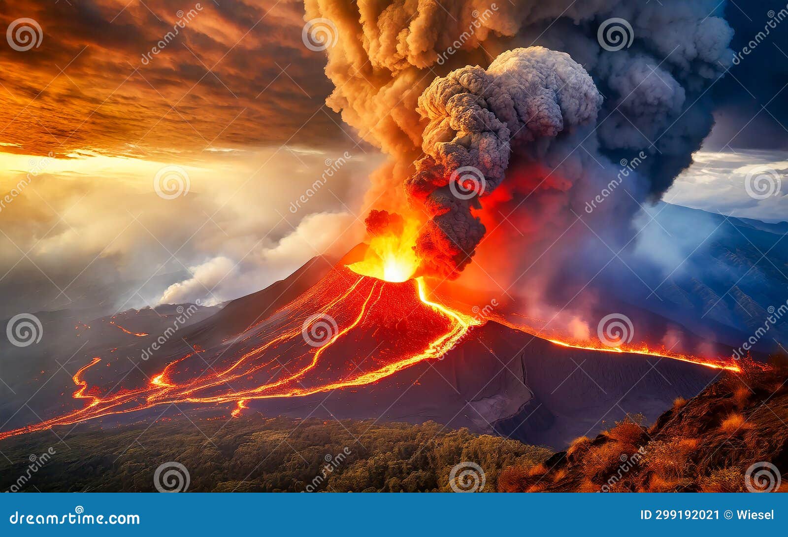 Erupting Volcano with Fire and Smoke Stock Illustration - Illustration ...