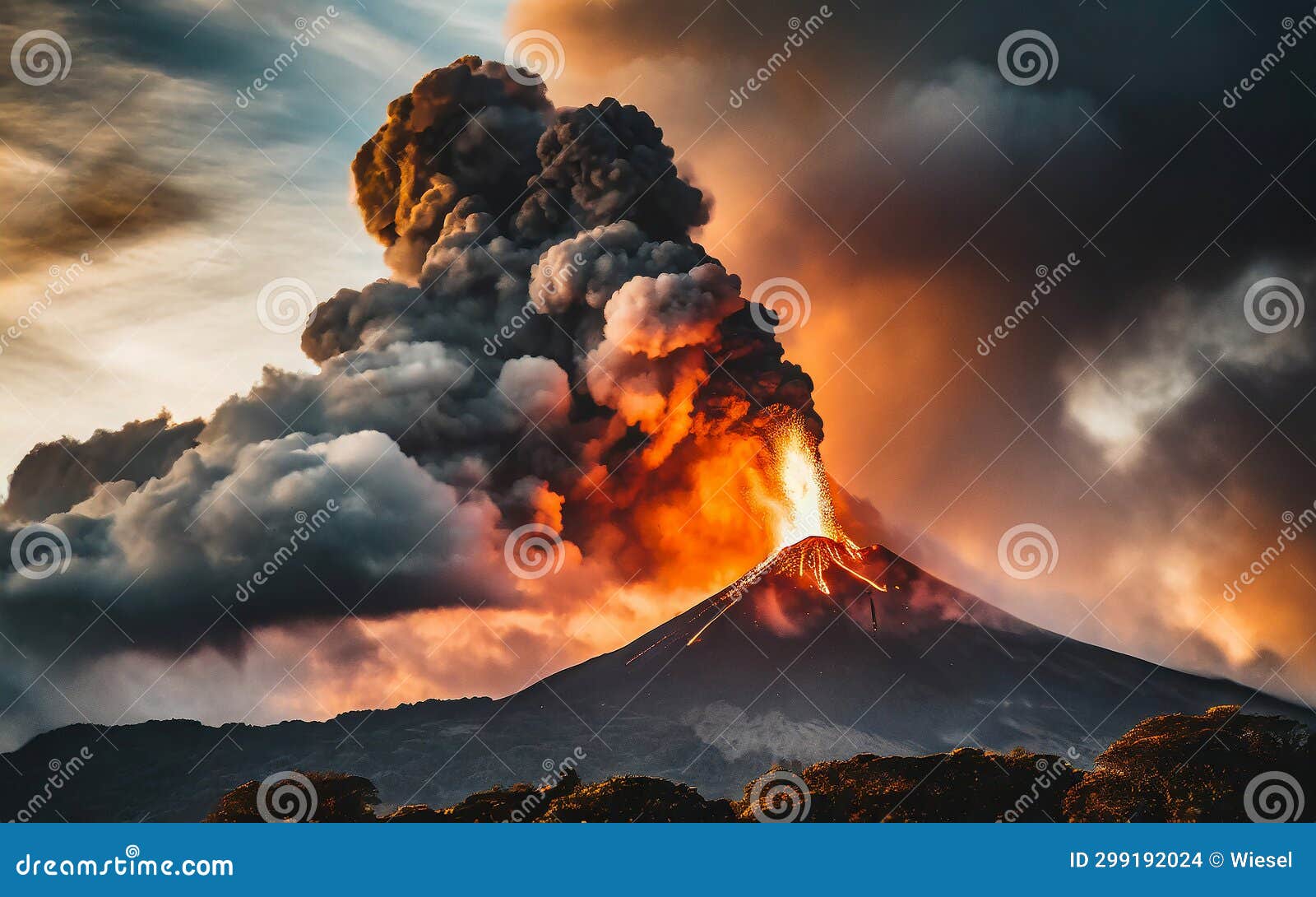 Erupting Volcano with Fire and Smoke Stock Illustration - Illustration ...