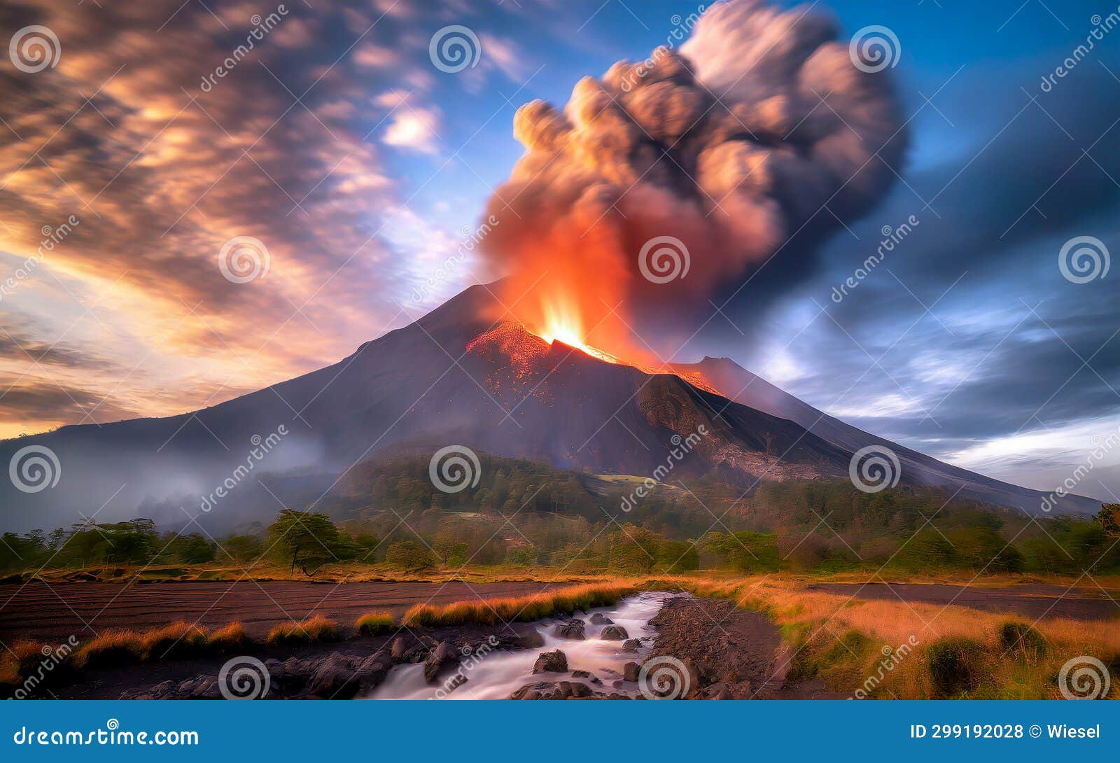 Erupting Volcano with Fire and Smoke Stock Illustration - Illustration ...