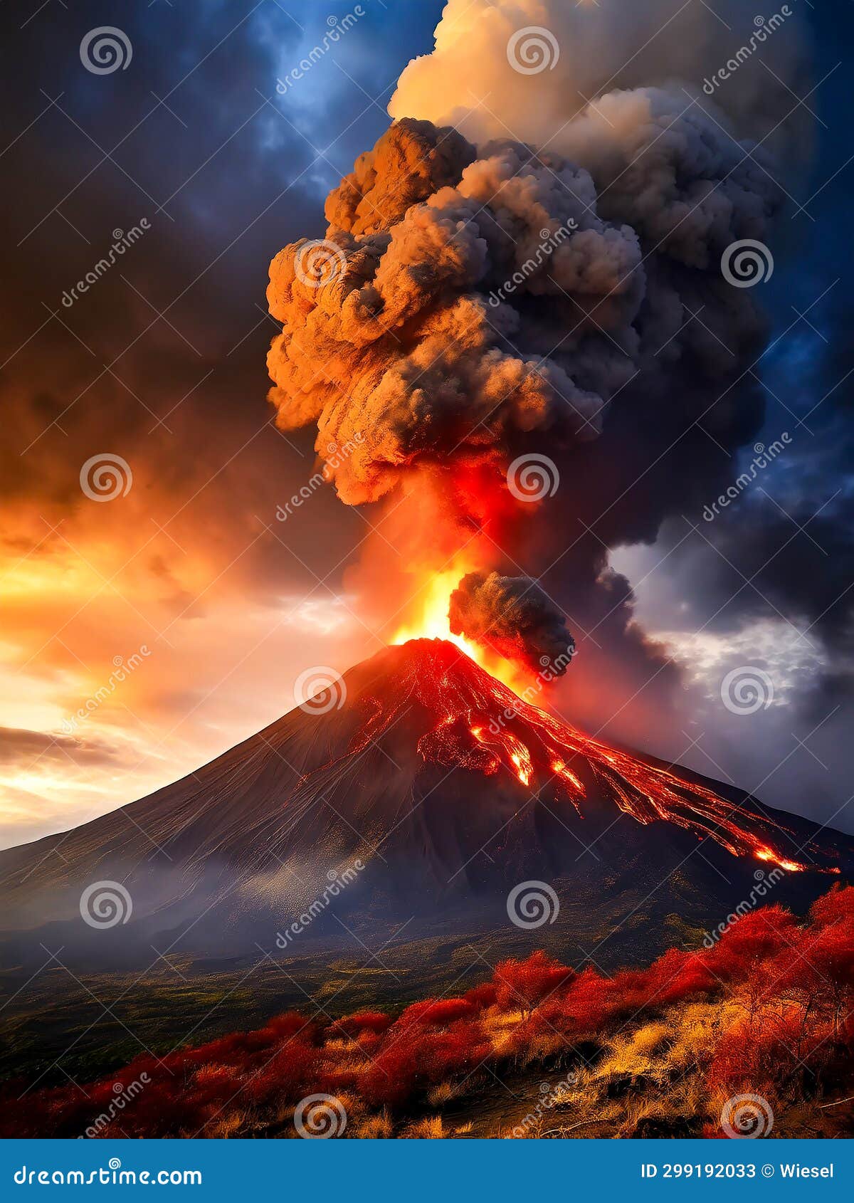Erupting Volcano with Fire and Smoke Stock Illustration - Illustration ...