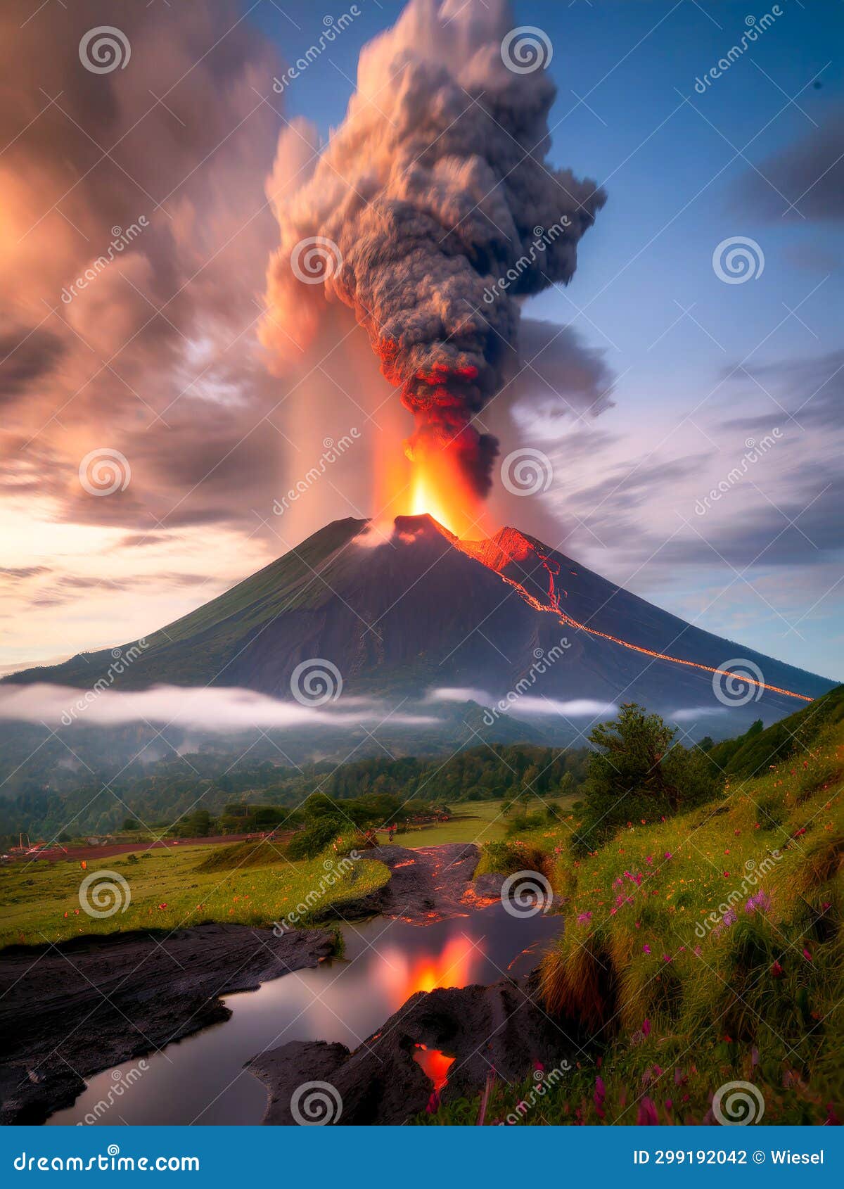 Erupting Volcano with Fire and Smoke Stock Illustration - Illustration ...