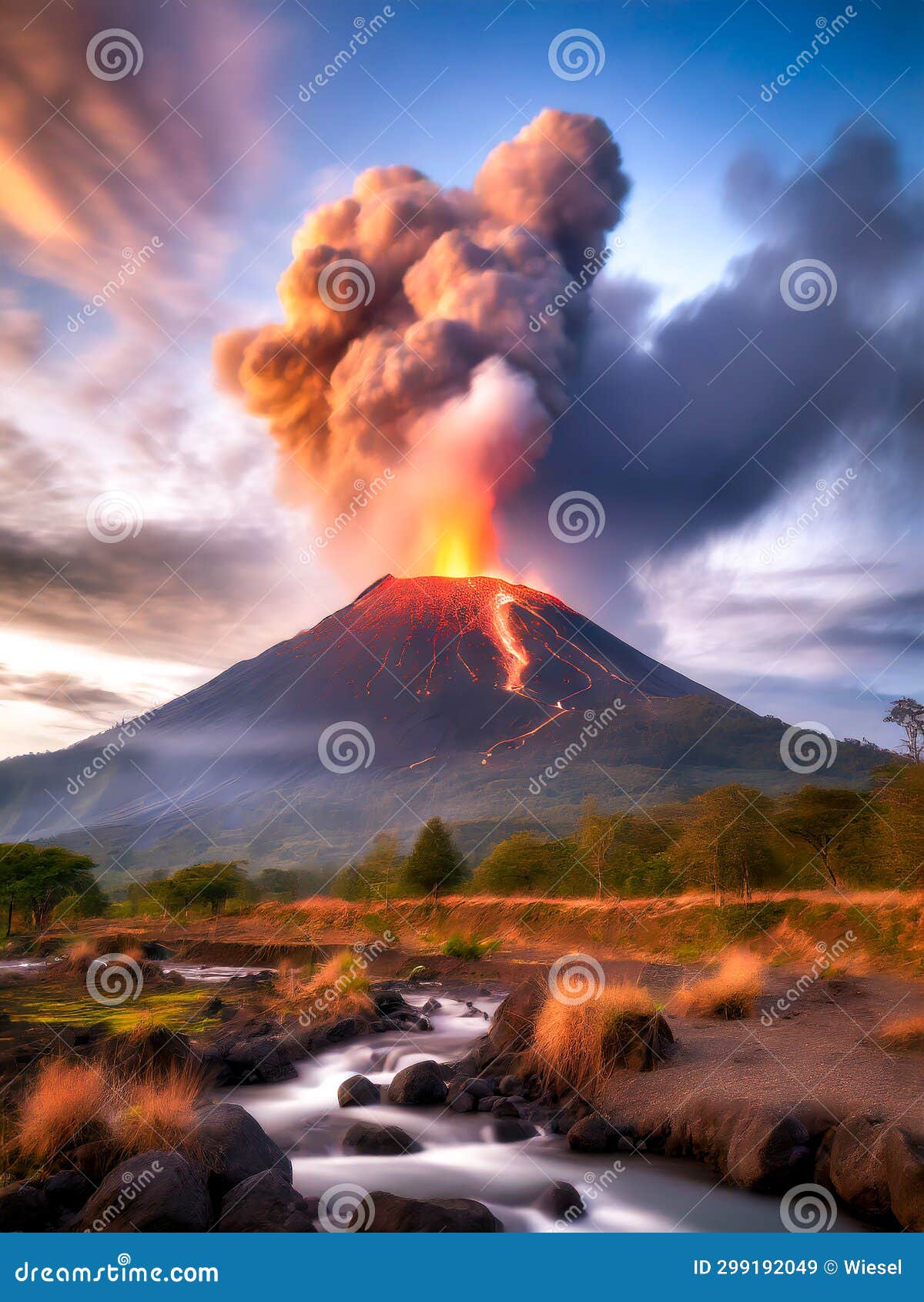 Erupting Volcano with Fire and Smoke Stock Illustration - Illustration ...