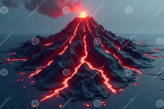 Erupting Volcano Island, Low Poly 3D Render Stock Illustration ...