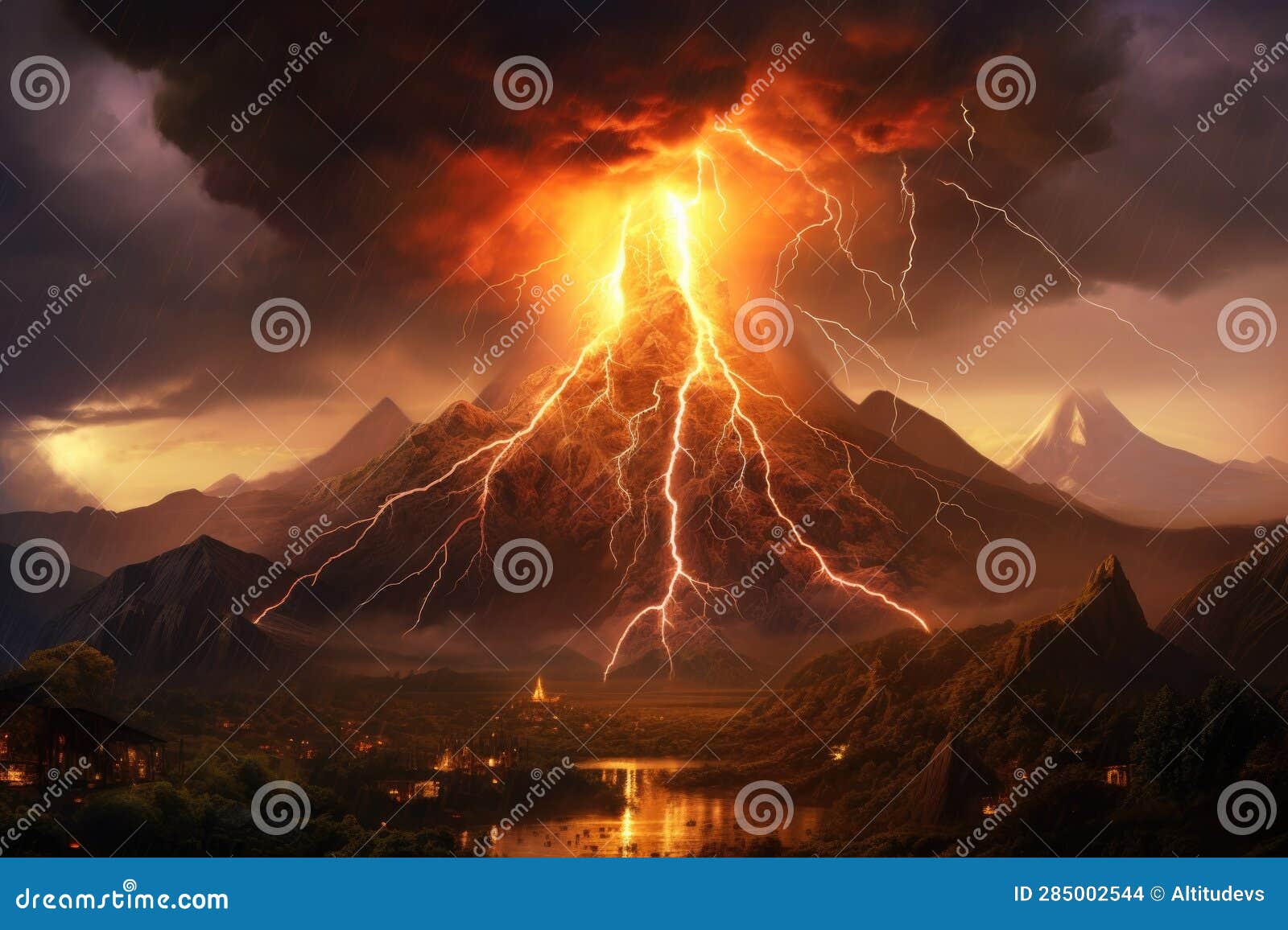 Erupting Volcano with Multiple Lightning Strikes Stock Illustration ...