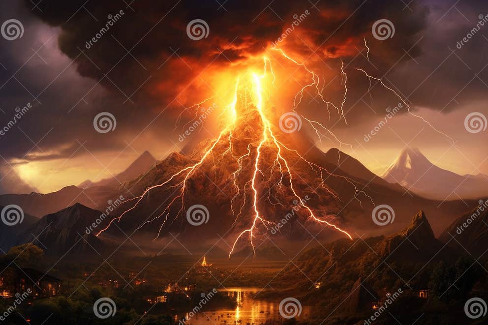 Erupting Volcano with Multiple Lightning Strikes Stock Illustration ...
