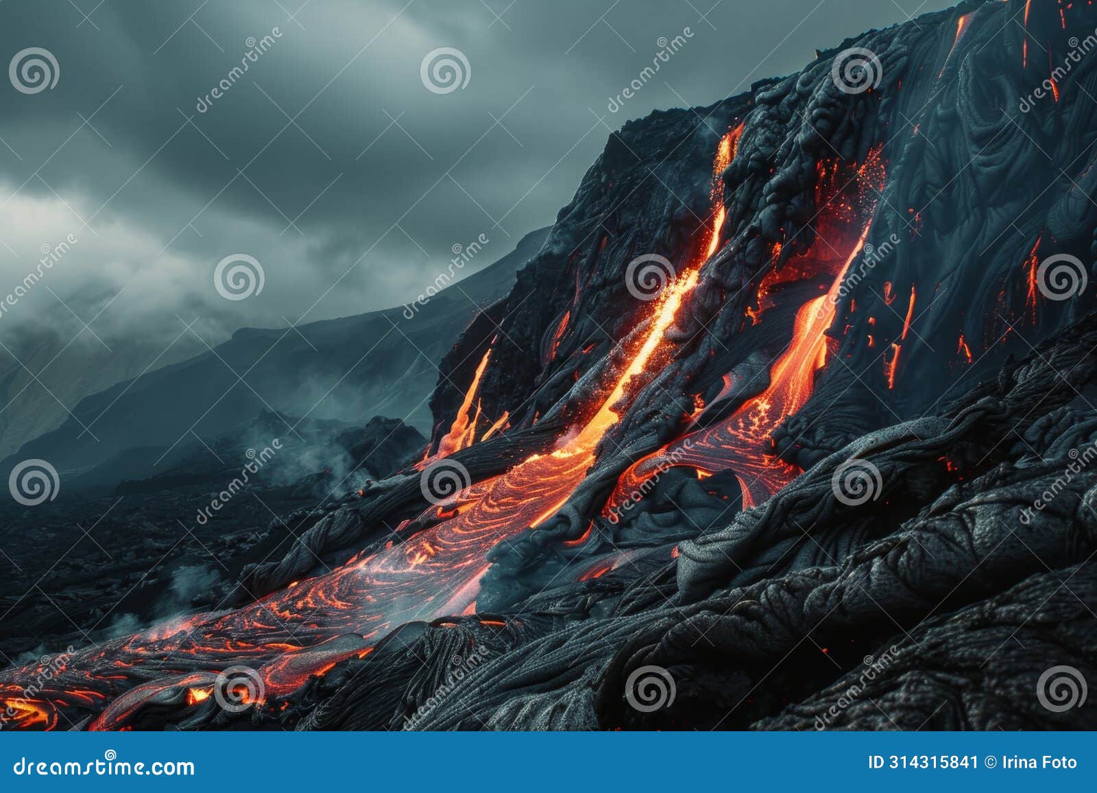 Erupting Volcano with Streams of Molten Lava Stock Image - Image of ...