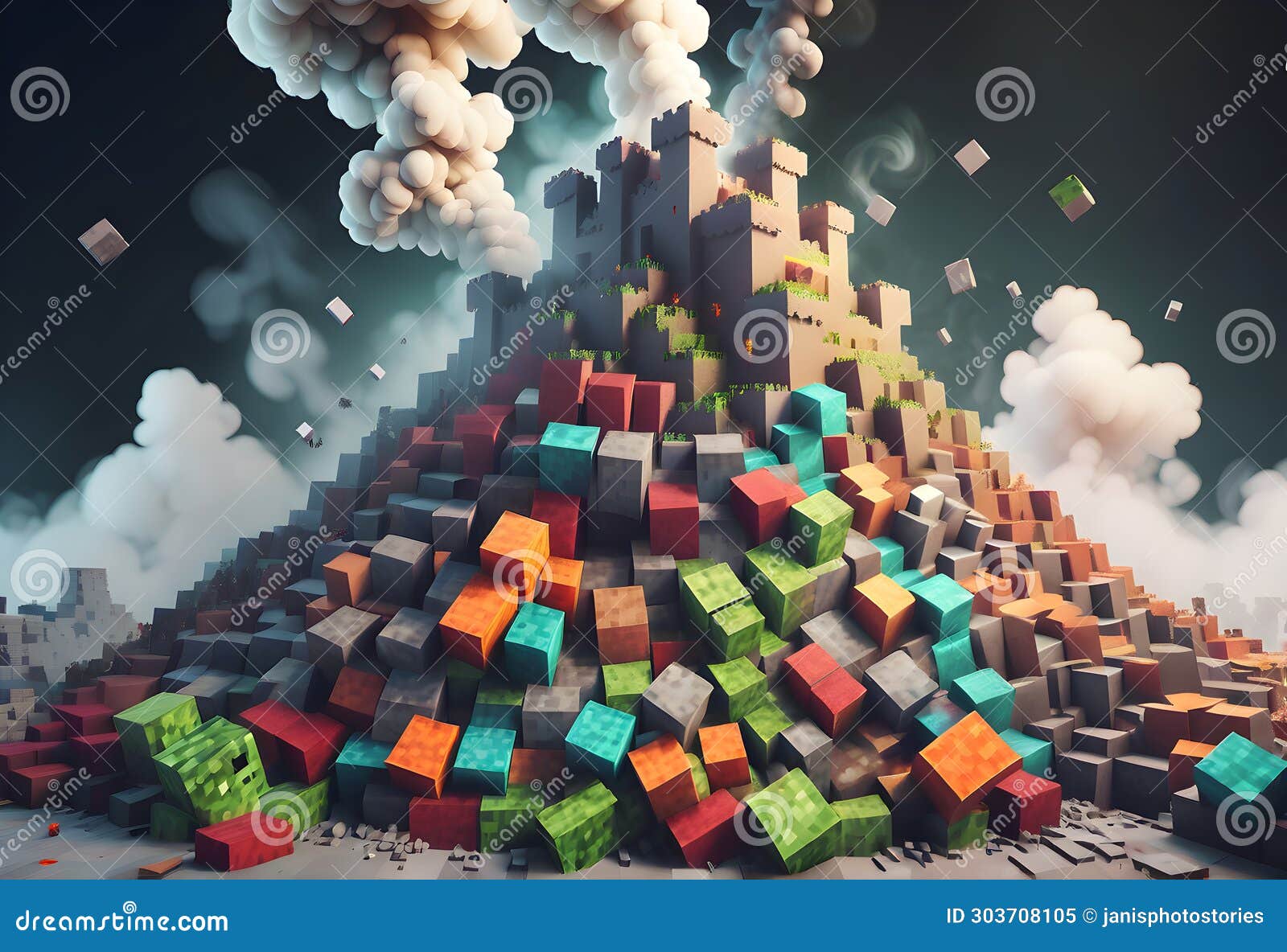 Eruption of Minecraft World. Exploding Minecraft Colorful Cubes Paint ...