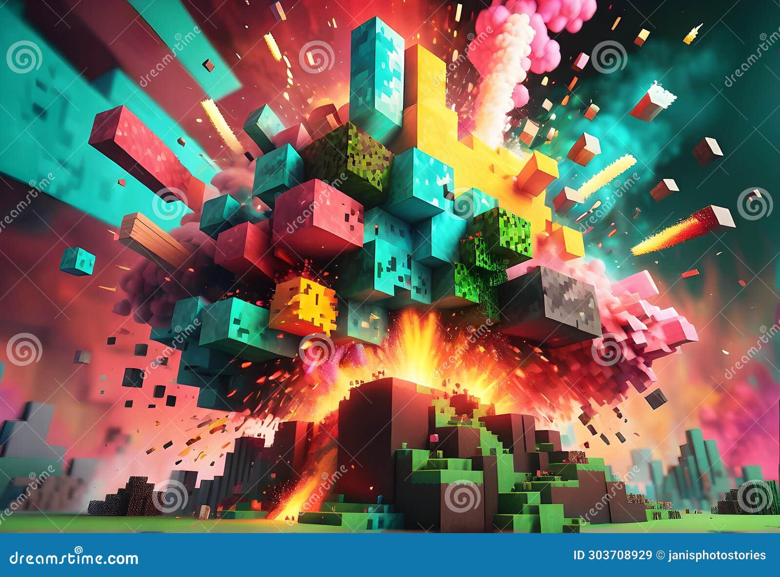 Eruption of Minecraft World. Exploding Minecraft Colorful Cubes Paint ...
