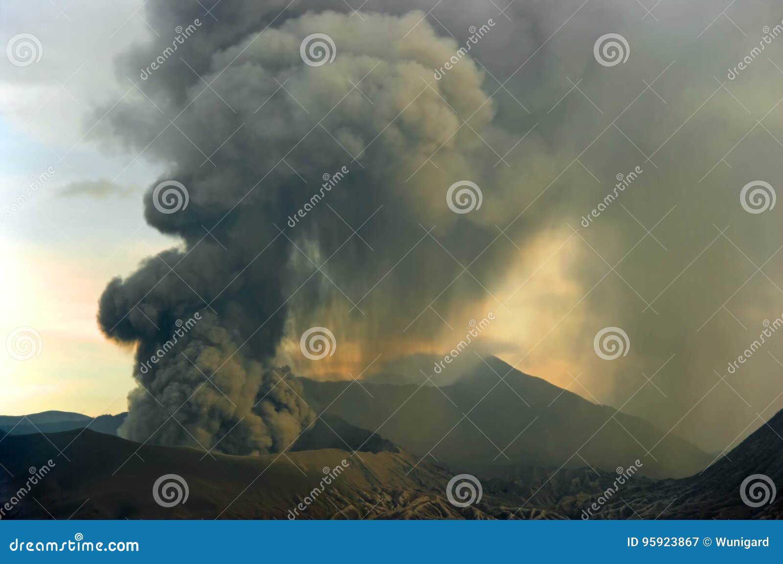Eruption of Mount Bromo at Sunset . Stock Image - Image of destination ...