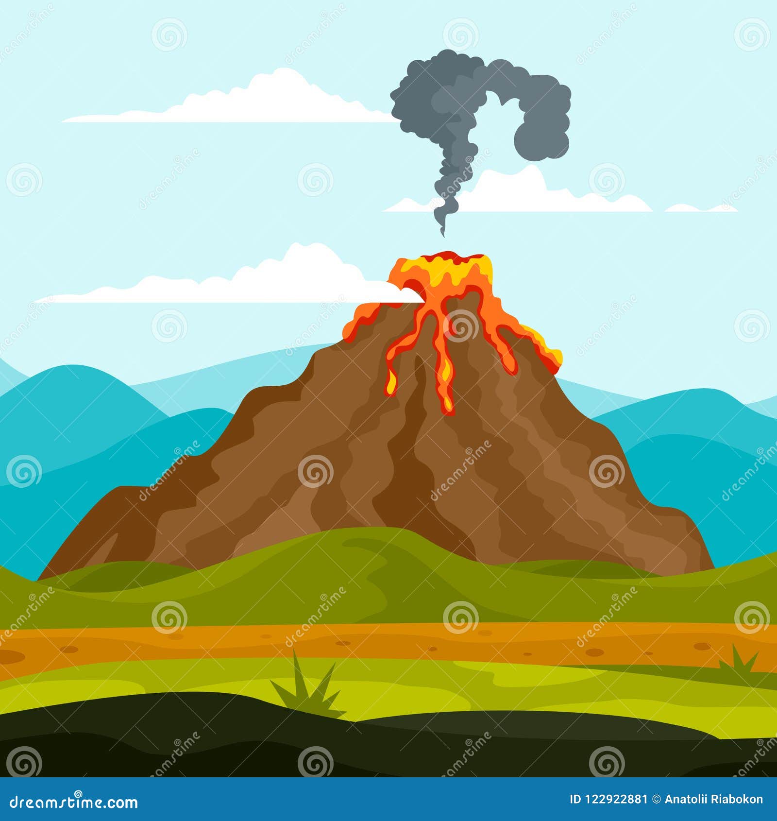 Eruption of Volcano Background, Flat Style Stock Vector - Illustration ...
